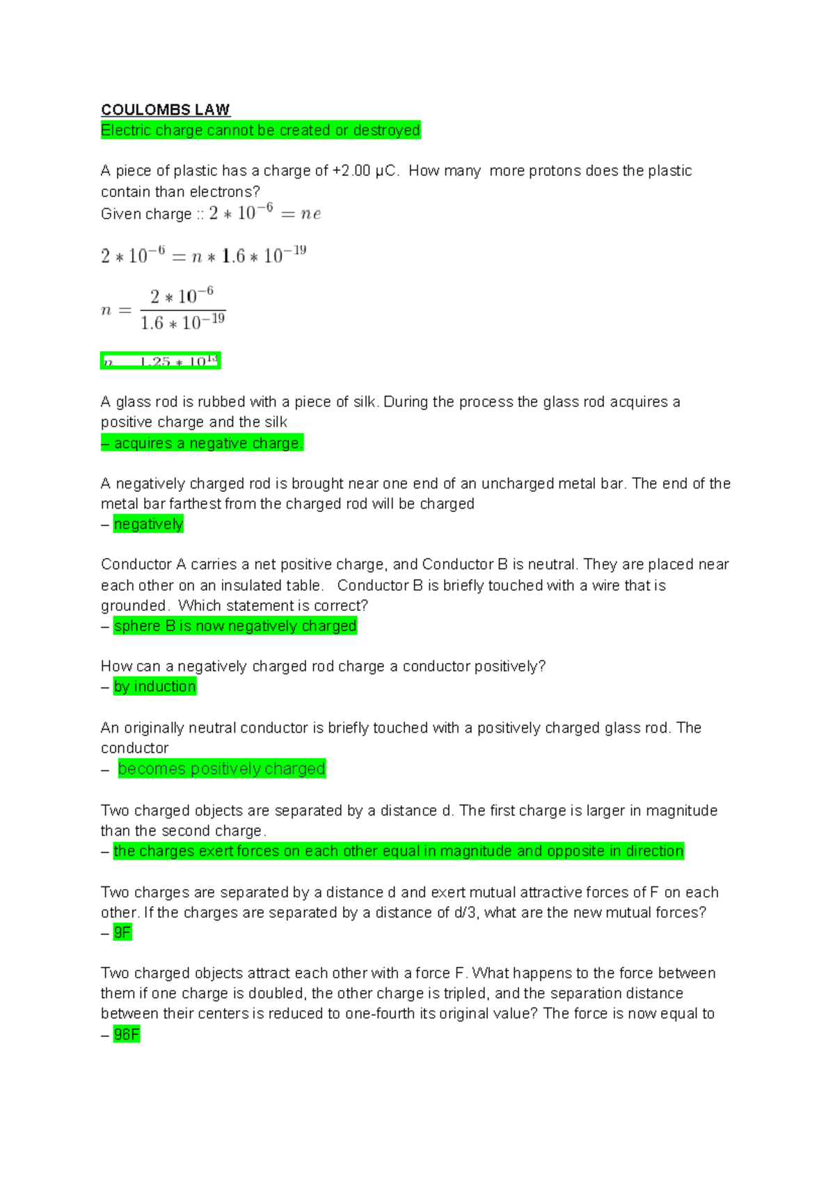 COULOMB'S LAW PHYS 101: Electric Charge & Forces Exam Review Notes ...