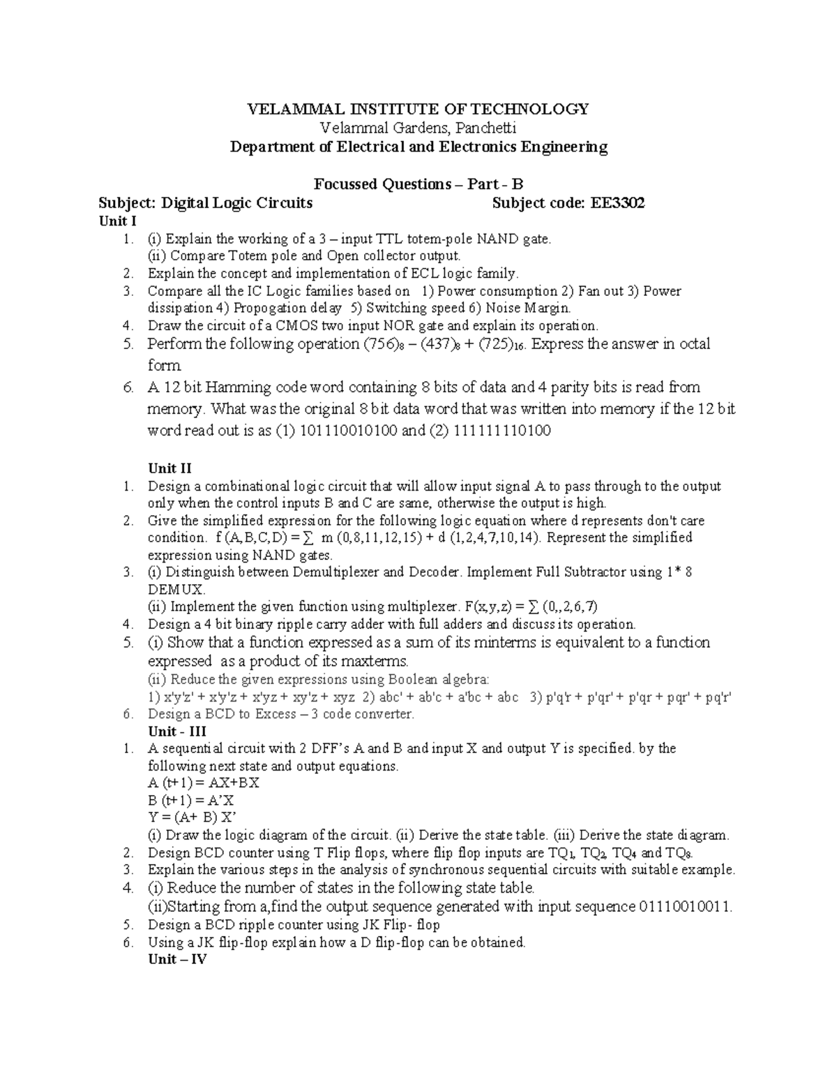 DLC-Focussed Questions Part B - EE3302 Digital Logic Circuits - Studocu