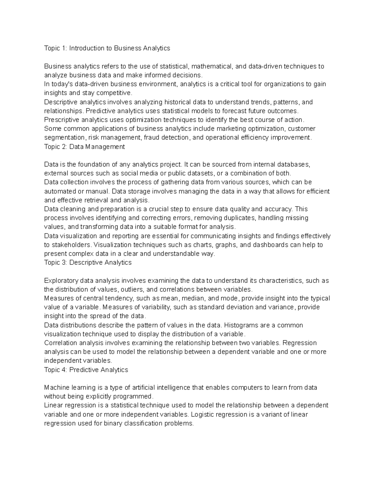 Business Analytics #1 - Lecture notes + Test questions - Topic 1 ...