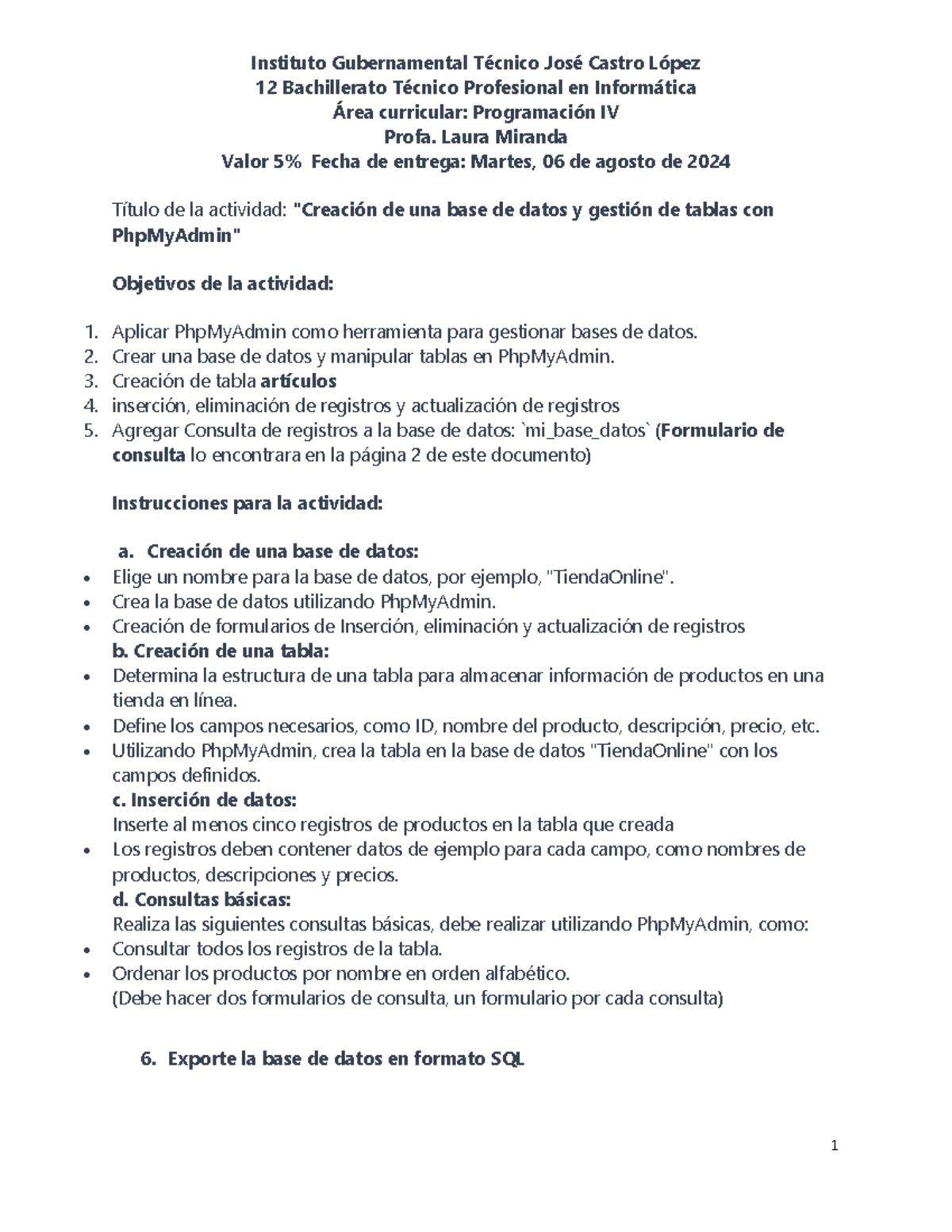 Actividad de Clase: Base de Datos y Gestión de Tablas en PhpMyAdmin ...