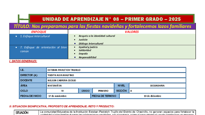 Planificación de la Unidad de Aprendizaje 08 - Primer Grado 2025: Fiestas - Studocu