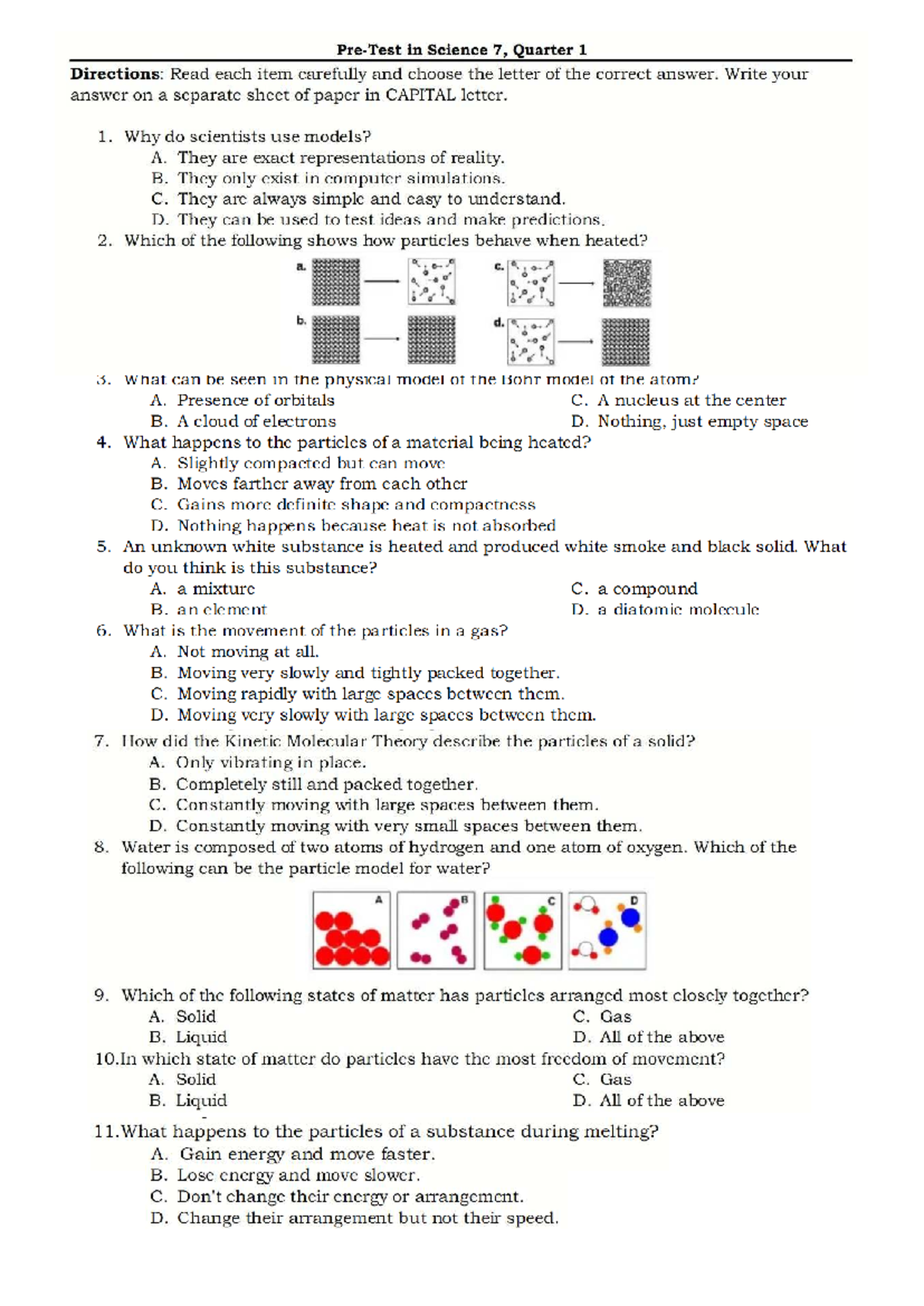 Pretest G7 Science: Quarter 1 Multiple Choice Questions - Studocu