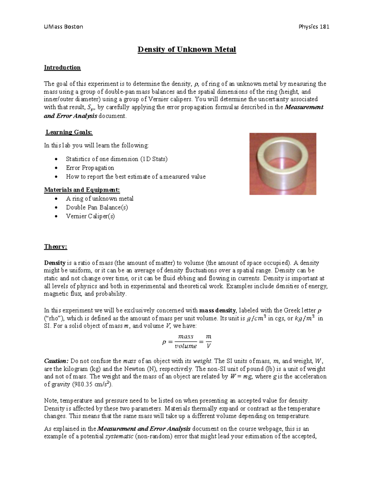 Physics 181 UMass Boston Lab: Determining Density of Unknown Metal - Studocu