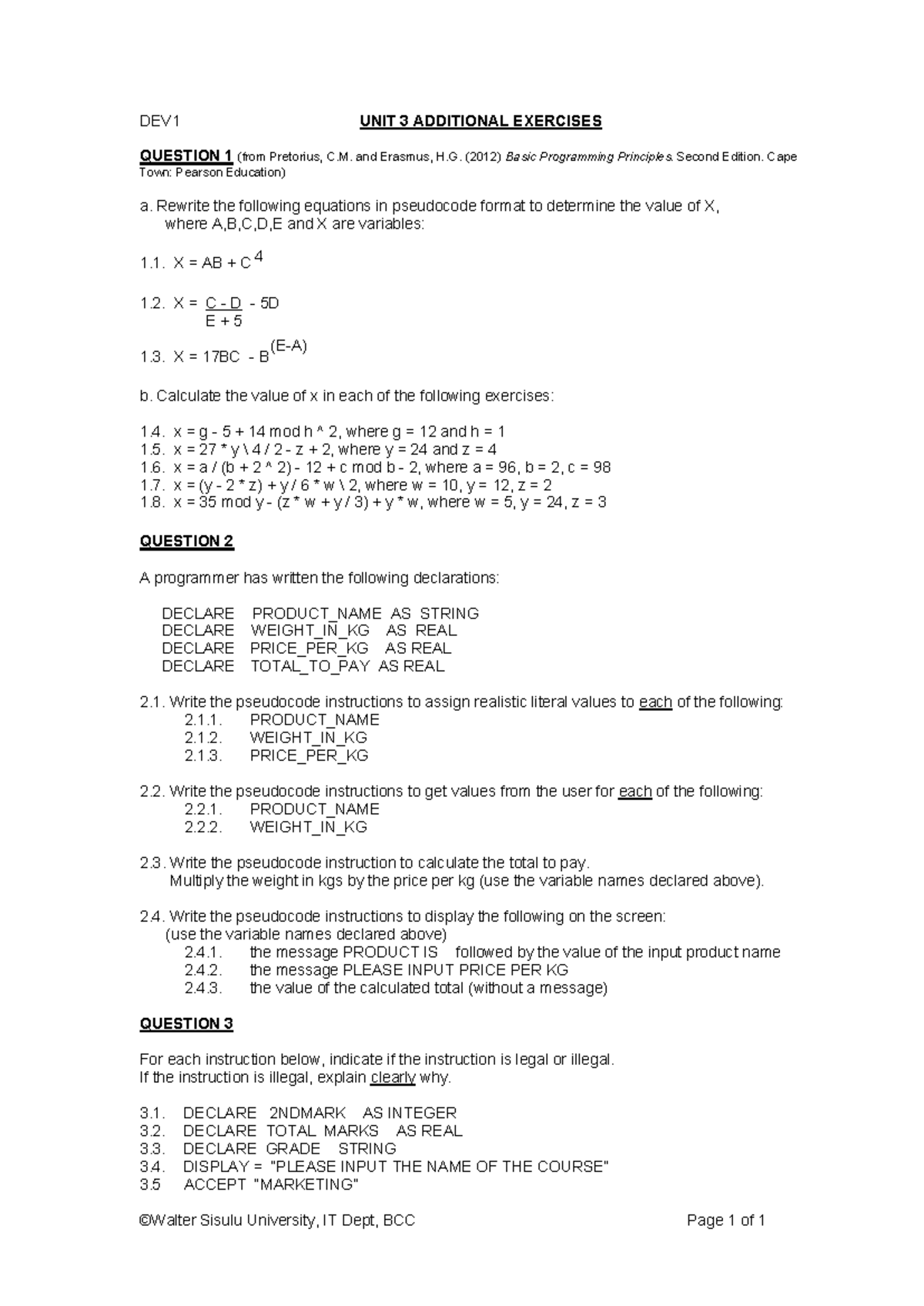 DEV1 2022 UNIT 3 Additional Exercises & Pseudocode Practice - Studocu