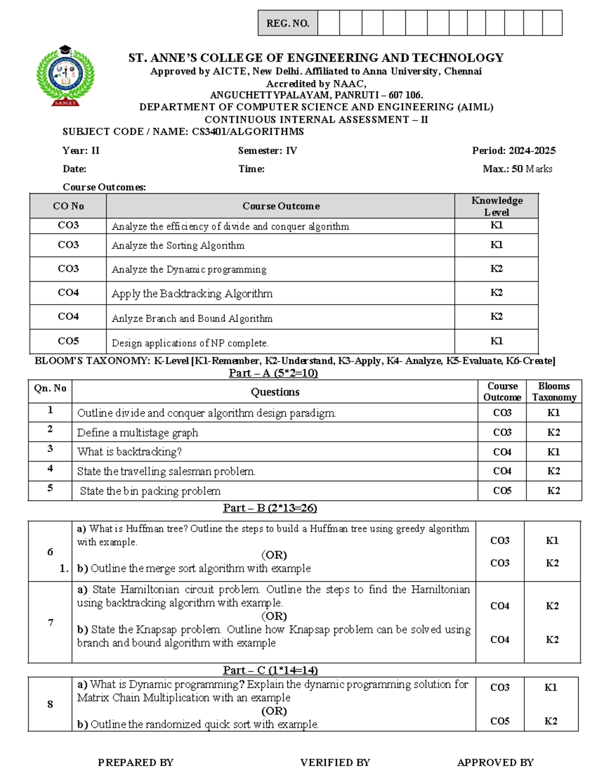 Algorithms CIA 2 question paper - ST. ANNE’S COLLEGE OF ENGINEERING AND ...