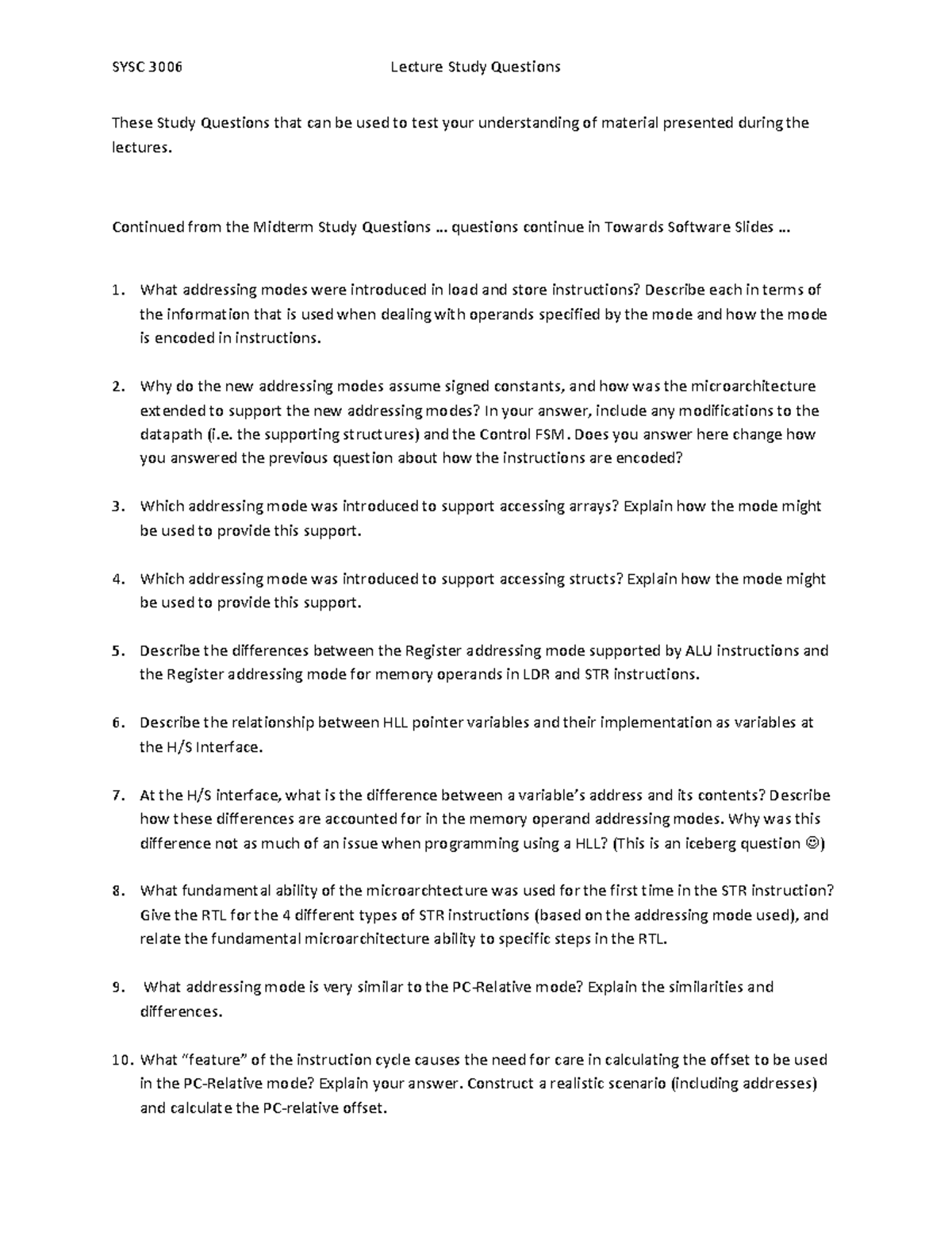 Final Study Questions - SYSC 3006 Lecture Study Questions These Study Questions that can be used ...