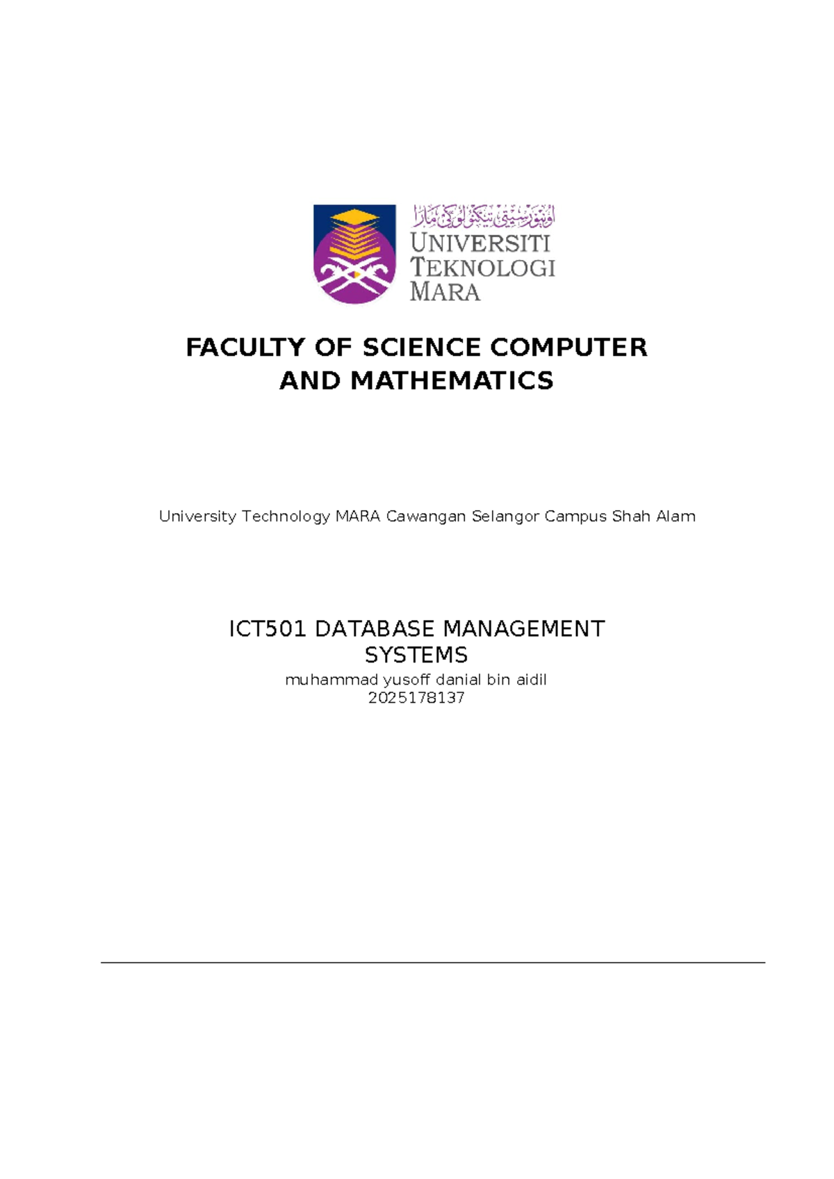 ICT 501 Practice 1 - Database Management System - FACULTY OF SCIENCE ...