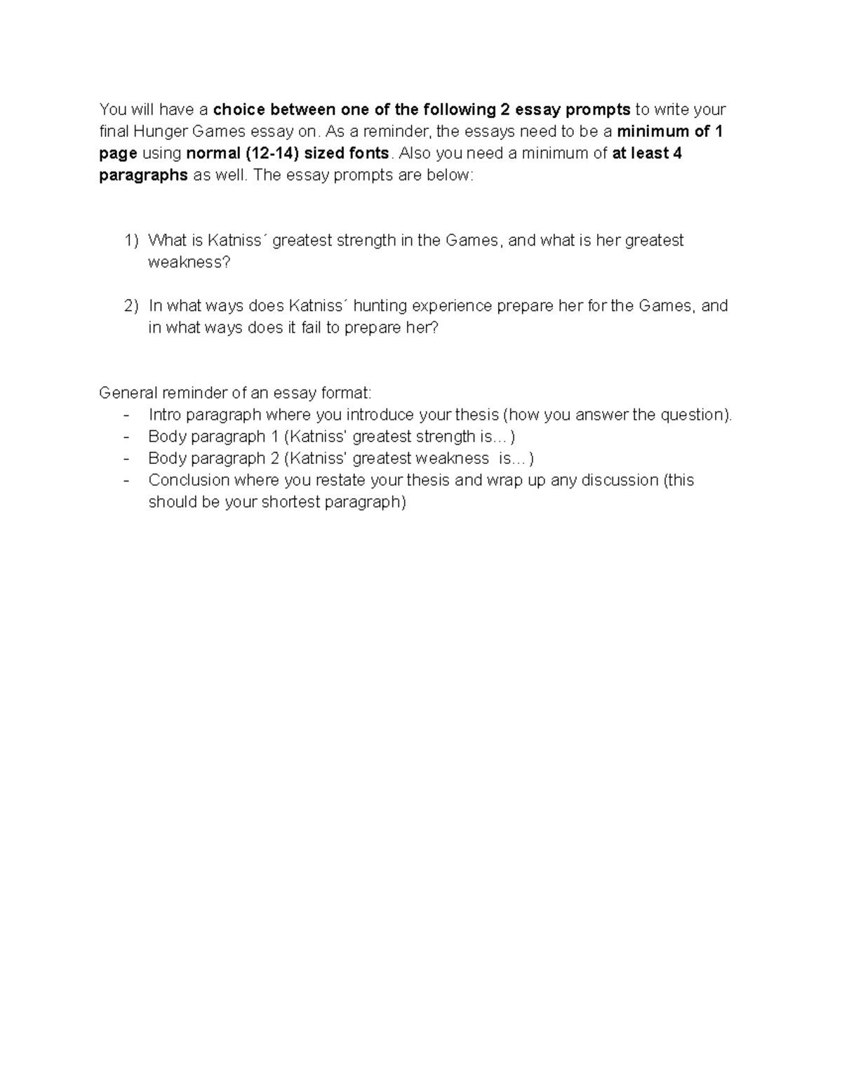 Hunger Games ENG 101 Final Essay Prompts and Guidelines - Studocu