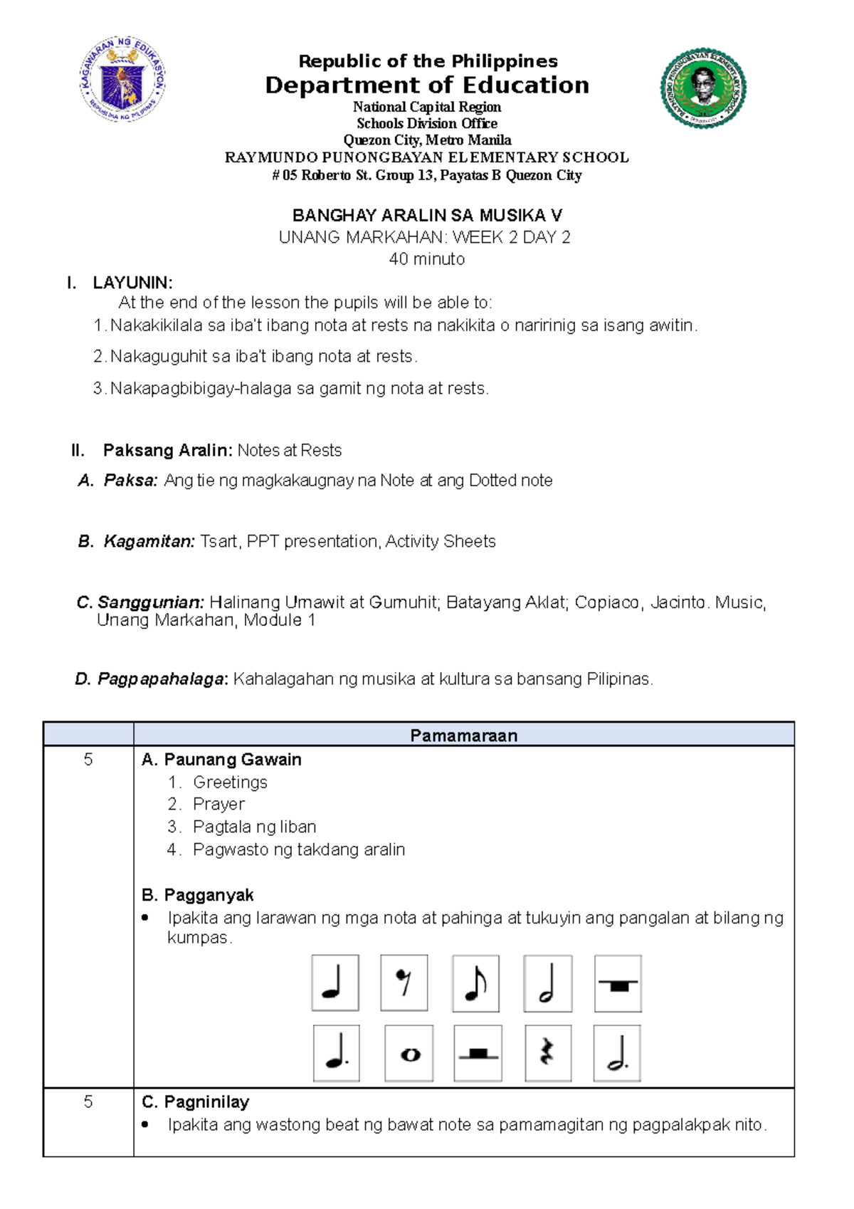 MAPEH 5 Q1 WK 2 D2 Music - Notes and Activities Overview - Studocu