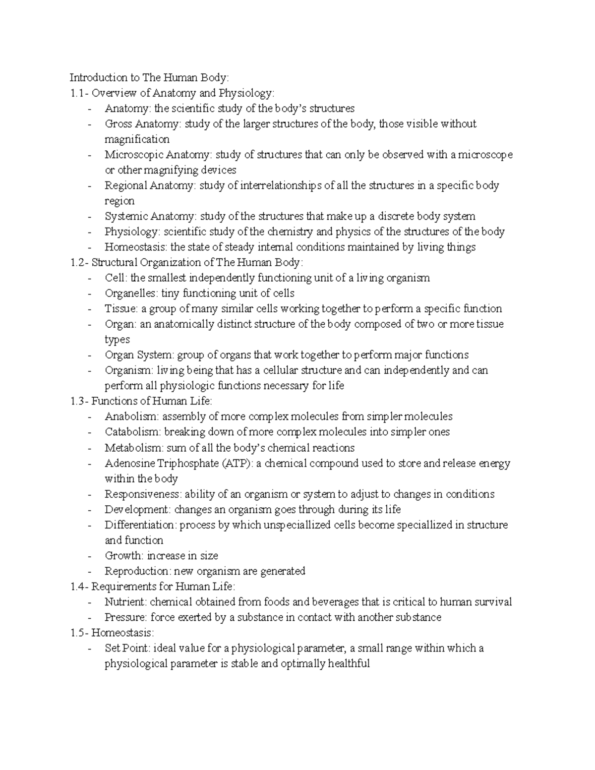 Anatomy Ch. 1 Notes - Introduction to The Human Body: 1- Overview of ...