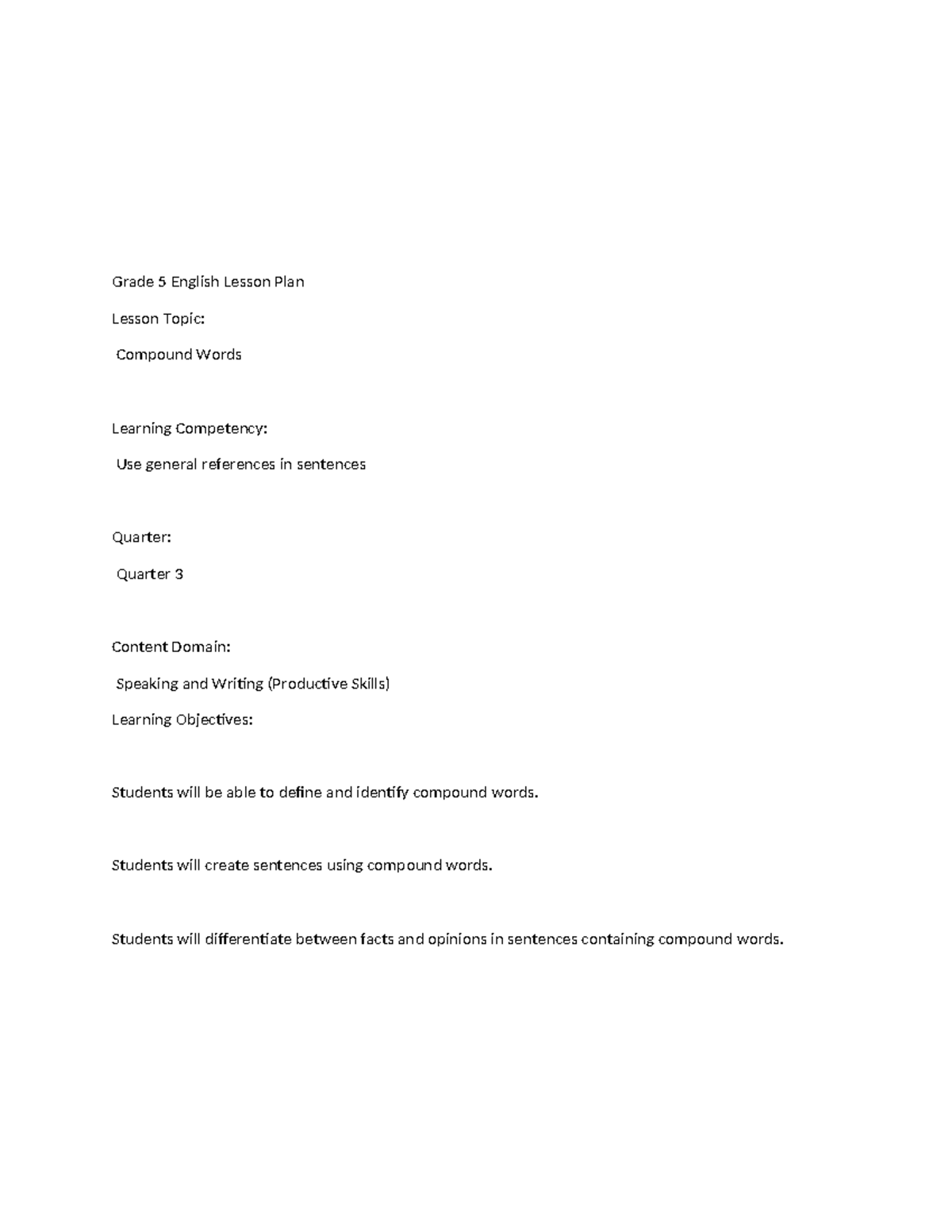 Grade 5 English Lesson Plan: Understanding Compound Words - Studocu