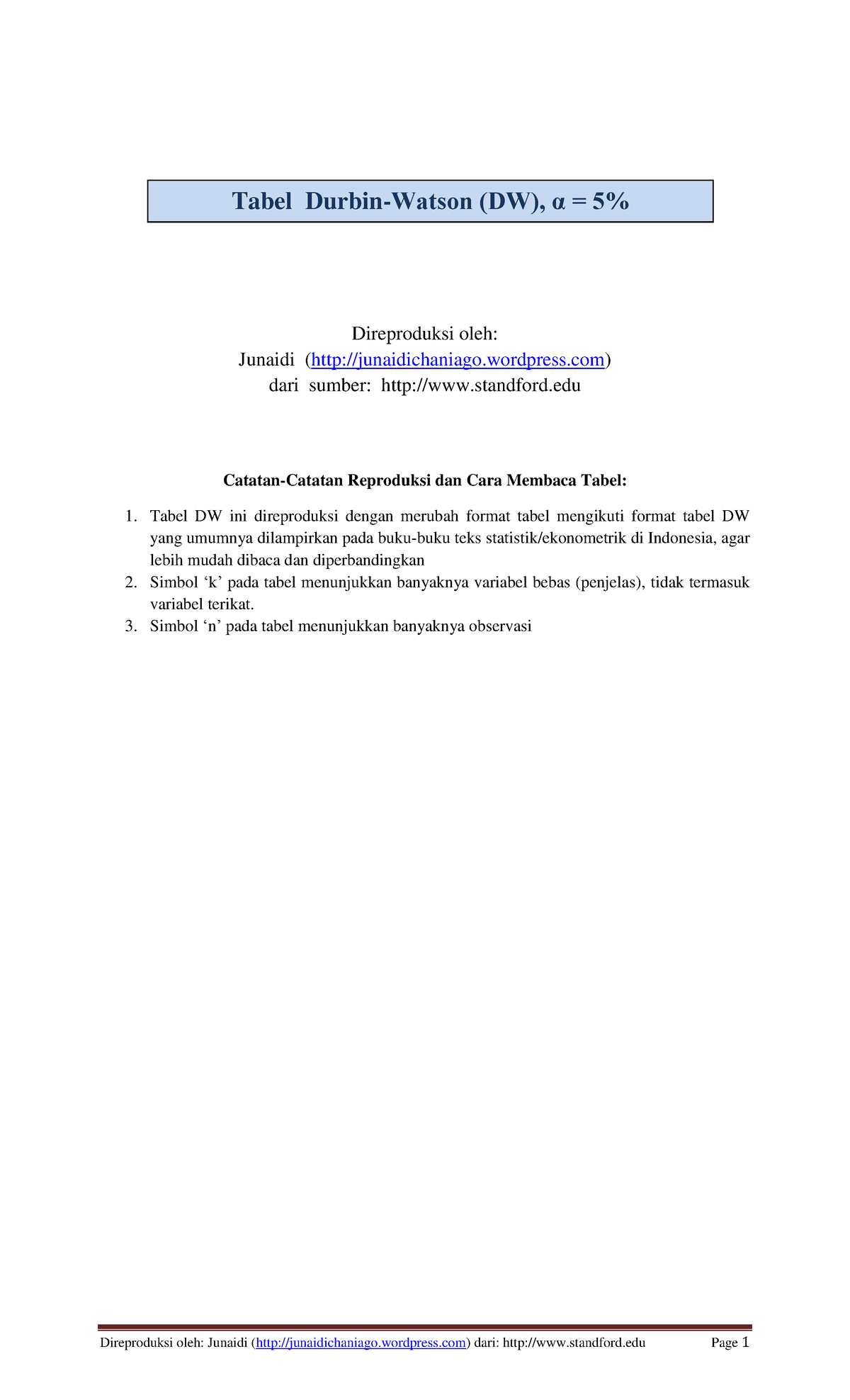 Tabel-dw - tabel dw adalah tabel yang berfungsi untuk melihat apakah ...