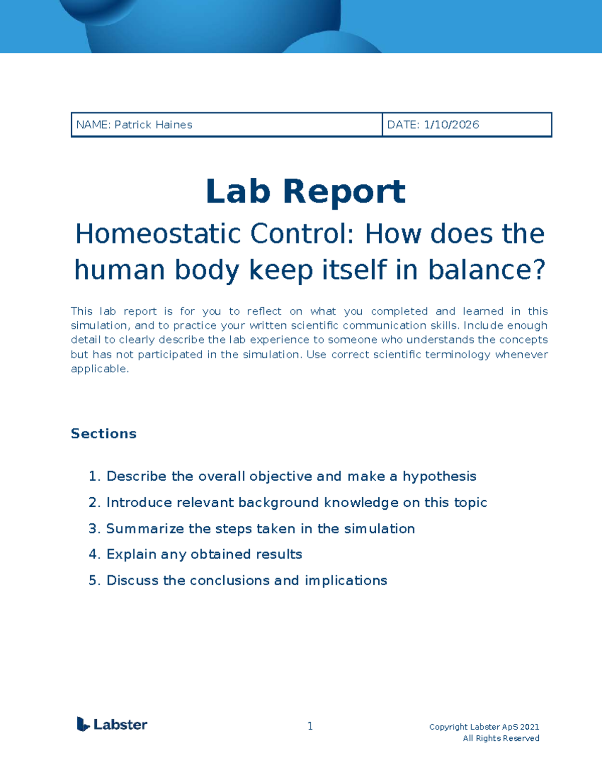 Lab Report: Homeostatic Control in Human Body (BIO101) - Studocu