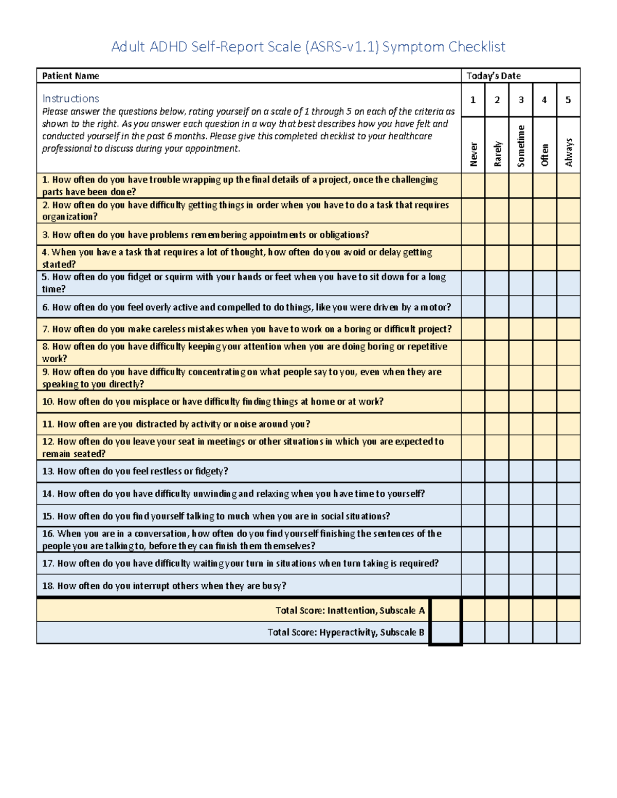 ASRS-v1.1 Adult ADHD Symptom Checklist Instructions - Studocu