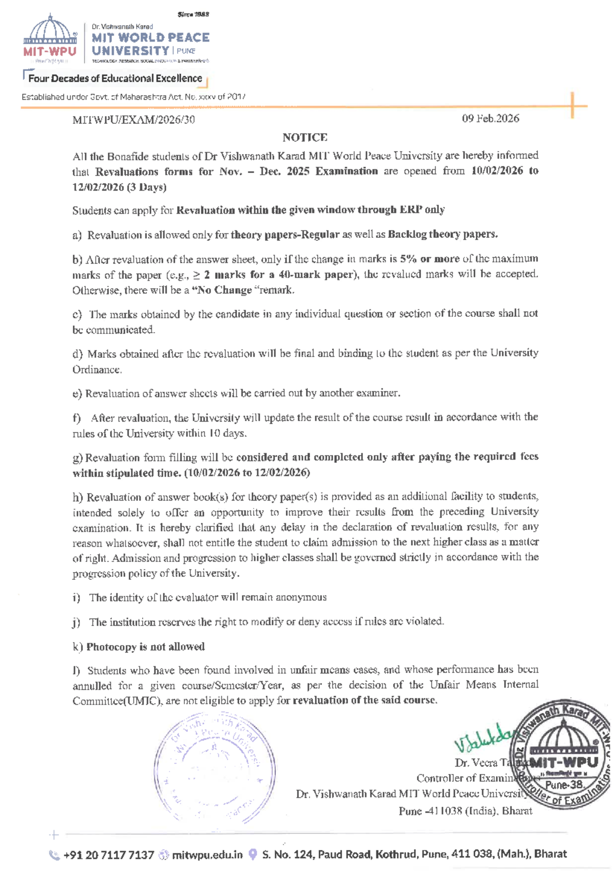 Revaluation Notice for Nov-Dec 2025 Exams at MIT WPU - Studocu