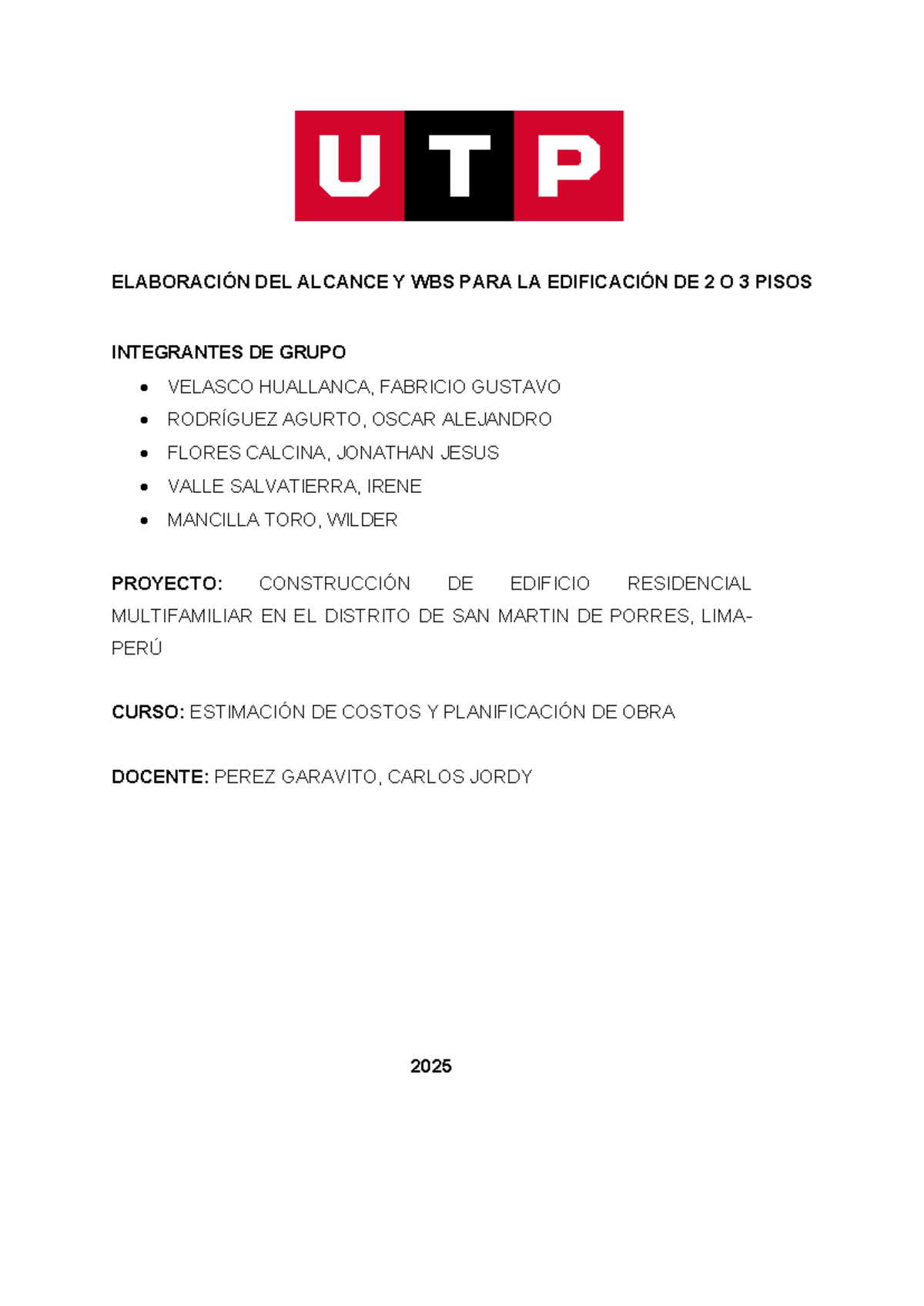 Avance del Proyecto de Estimación de Costos PC1: Edificio Multifamiliar - Studocu