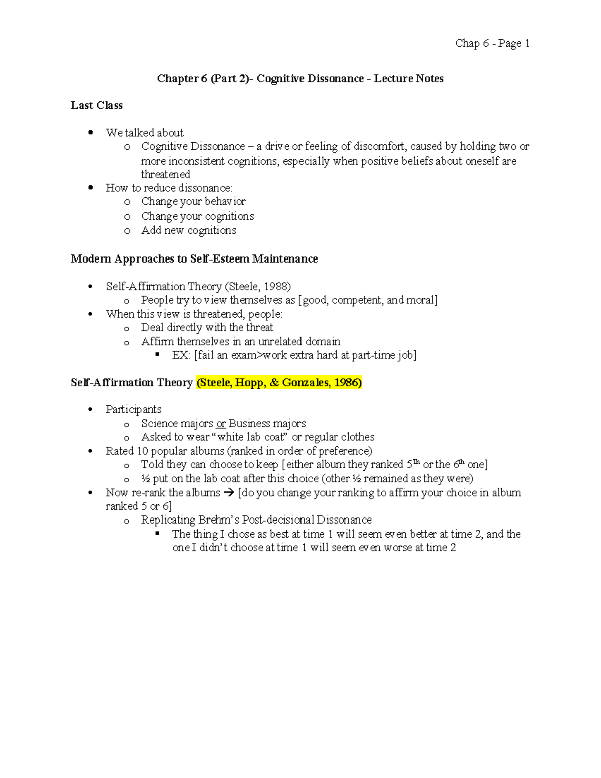 Cognitive Dissonance & Self-Esteem Theories: Lecture Notes (PSY 101 ...