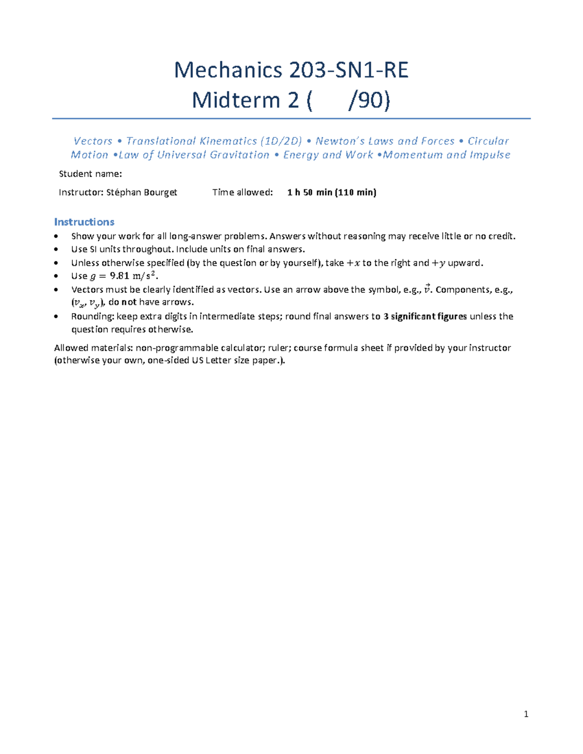 Mechanics 203-SN1 Midterm 2 Answer Key: Vectors & Kinematics - Studocu