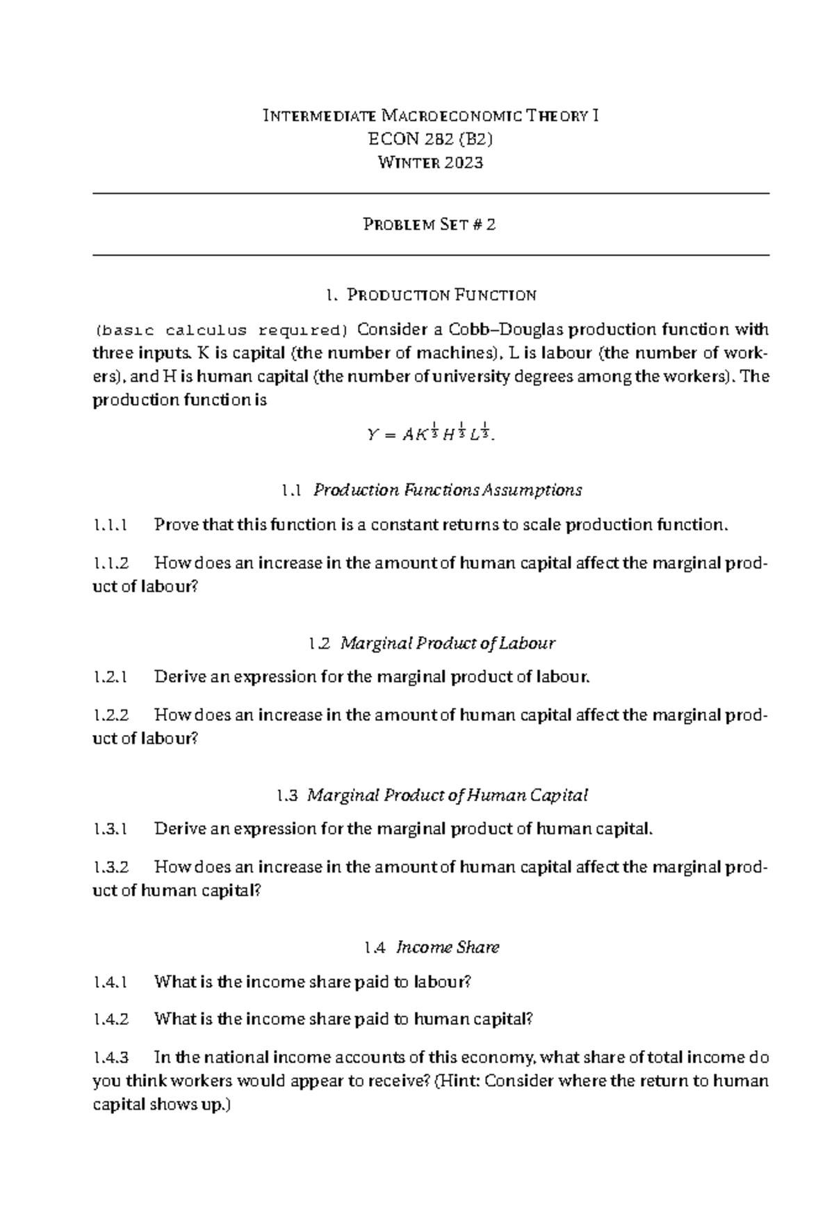ECON 282 Problem Set 2: Midterm Practice on Production Functions - Studocu