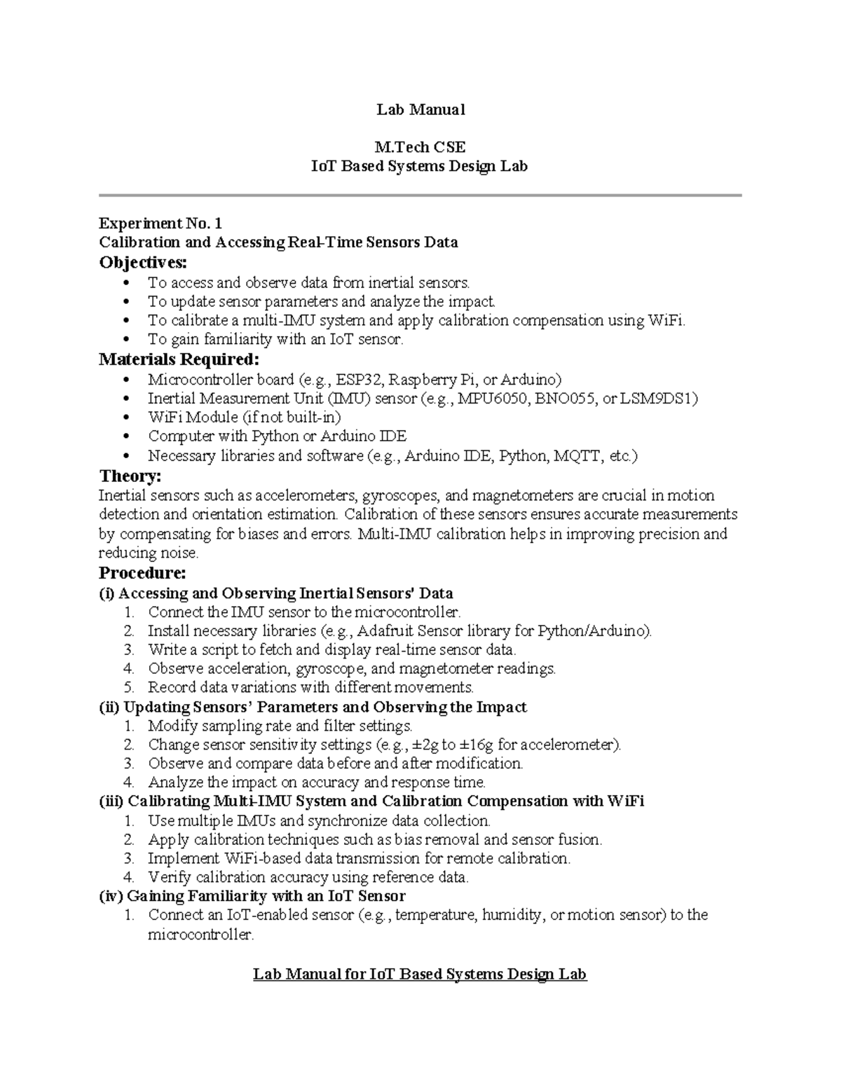 Lab Manual for M.Tech CSE IoT Based Systems Design Lab Experiments - Studocu