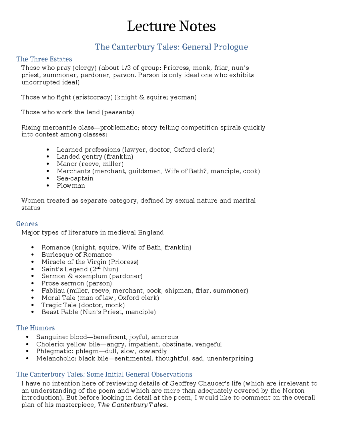 The Canterbury Tales (ENG 101): Thematic Analysis of the General ...