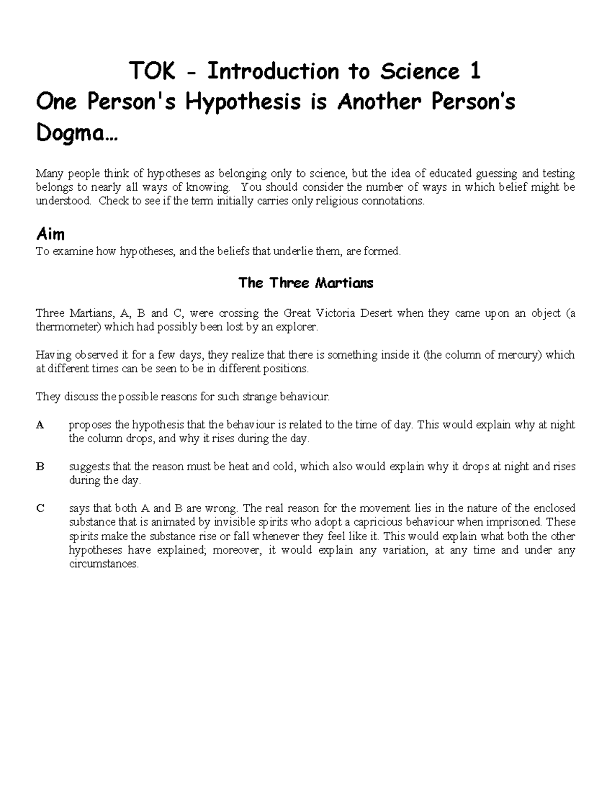 TOK Lesson Plans for Science: Exploring Hypotheses and Knowledge Claims ...