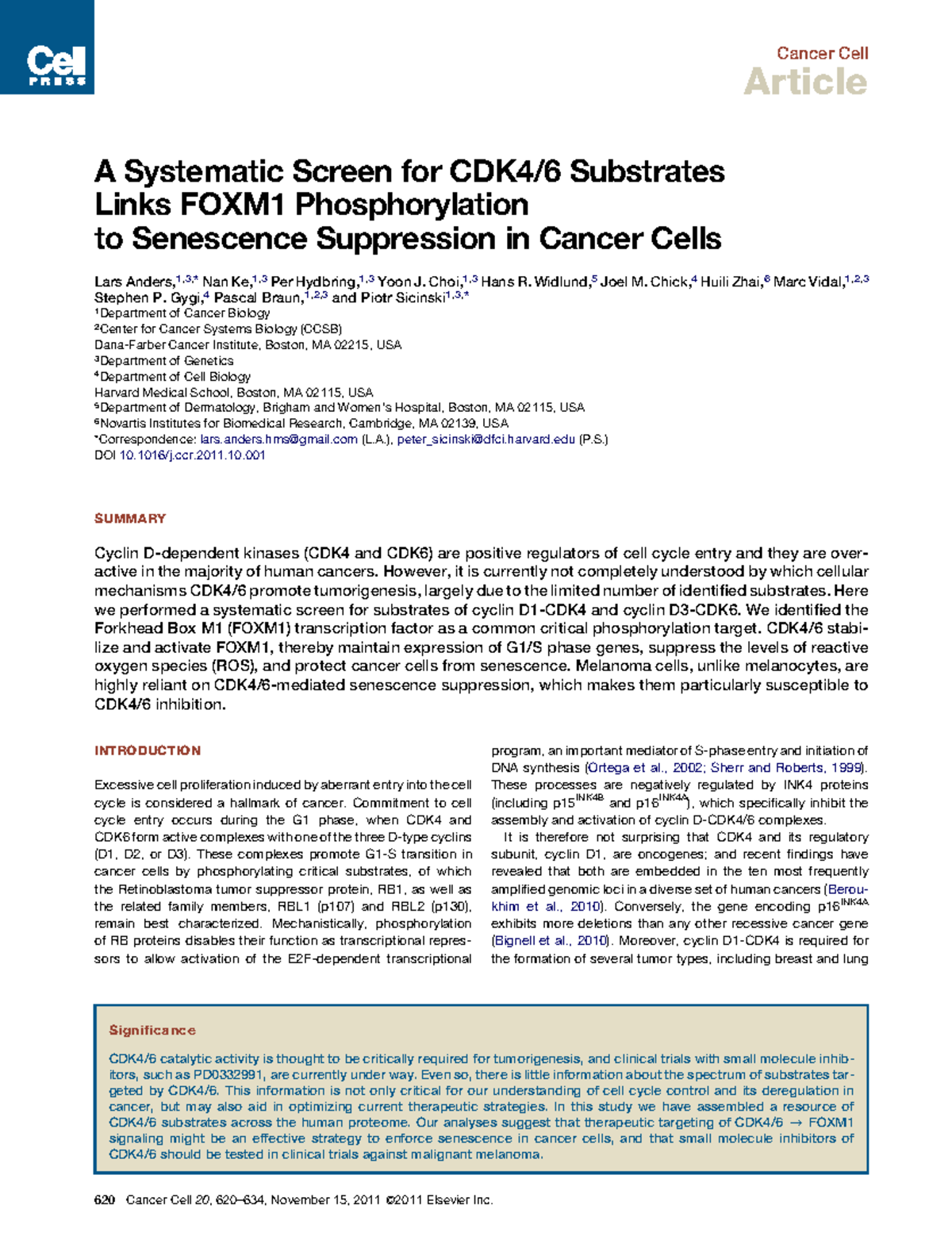 A Systematic Screen for CDK4/6 Substrates: FOXM1 Phosphorylation and ...