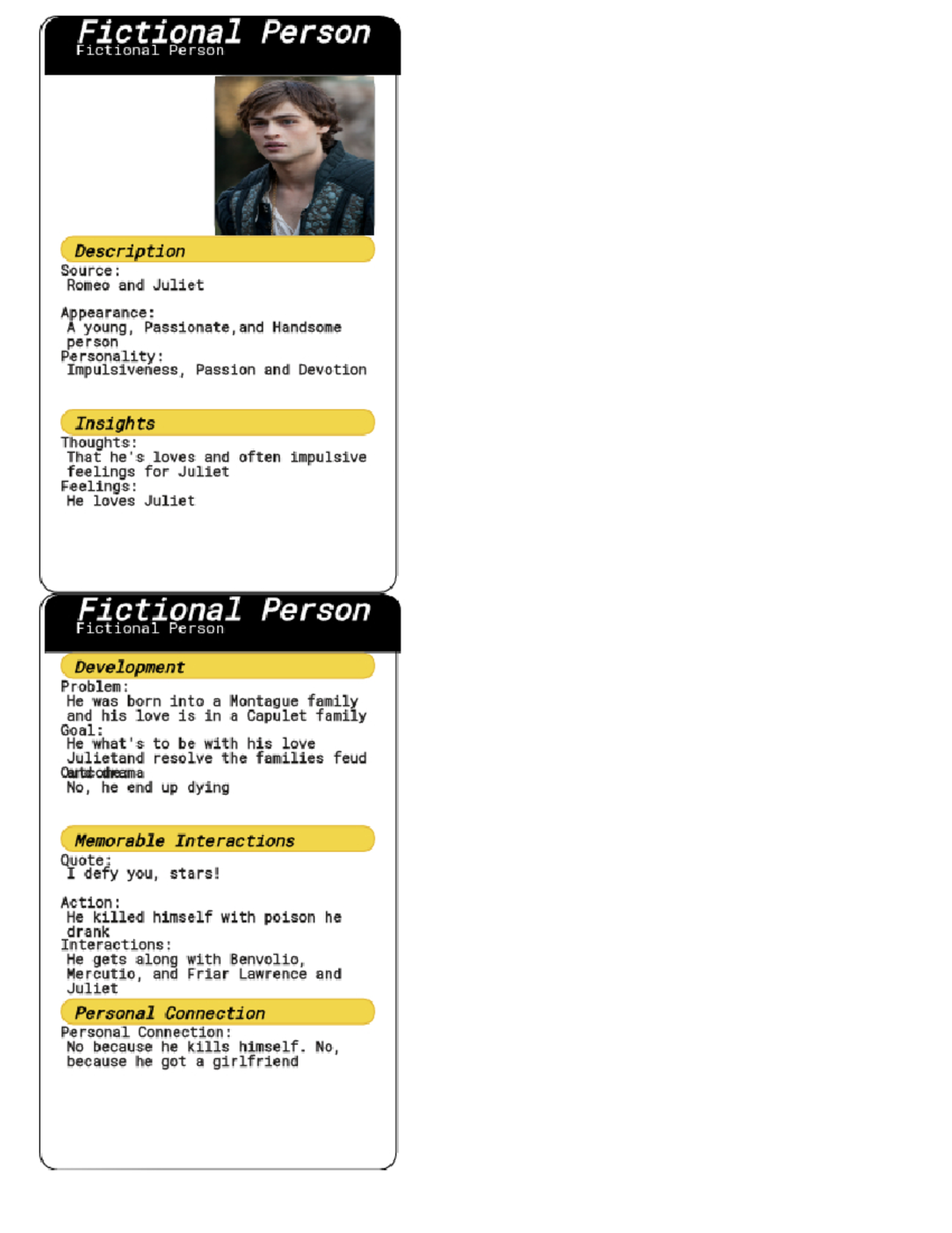Trading Cards: Romeo and Juliet Character Analysis - Studocu