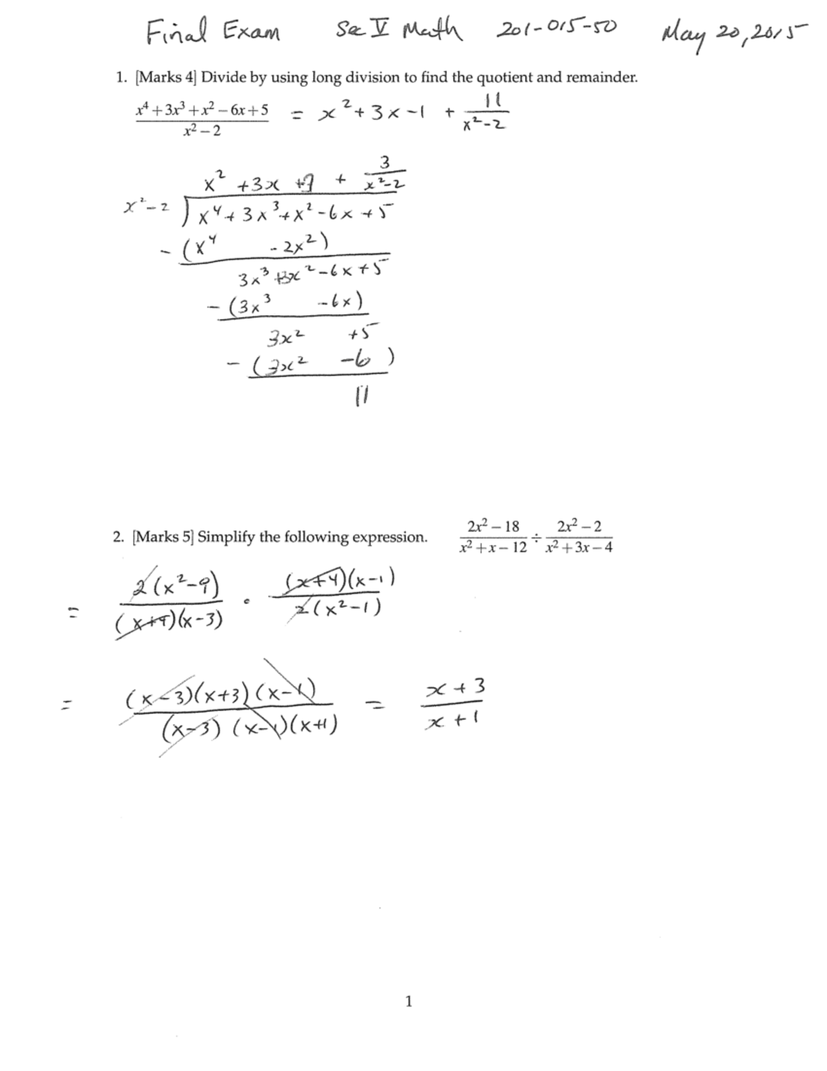 Sec V Math 2015 Final Exam Review: Long Division, Functions & Graphs - Studocu