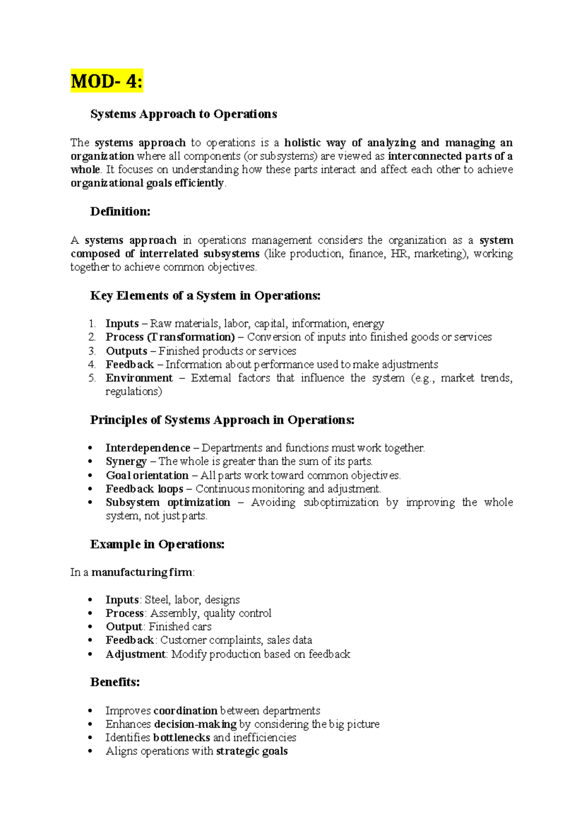 MOD 4 to 8 OM - Summary Operations management - MOD- 4: Systems ...