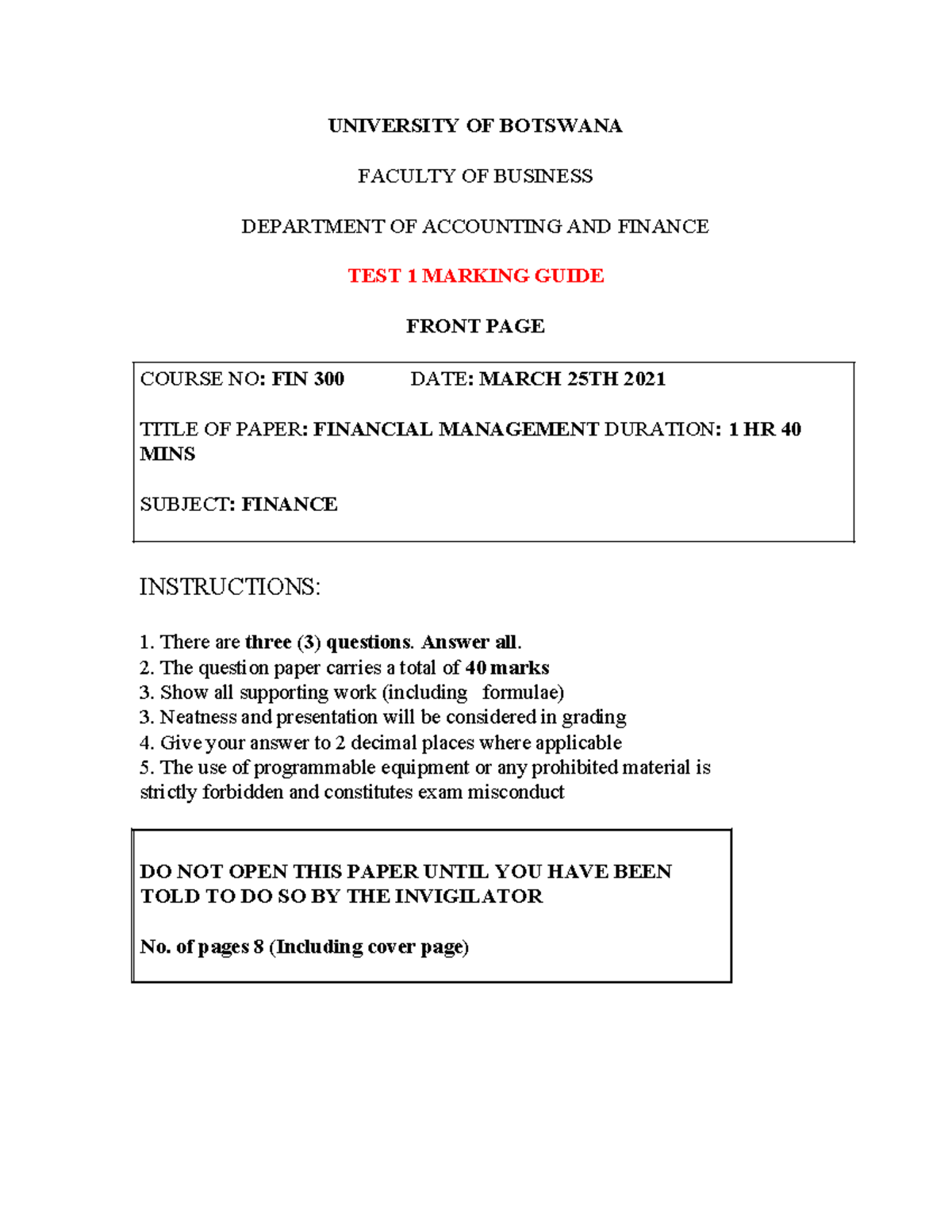 FIN 300 TEST 1 MARKING GUIDE 2021: Financial Management Insights - Studocu