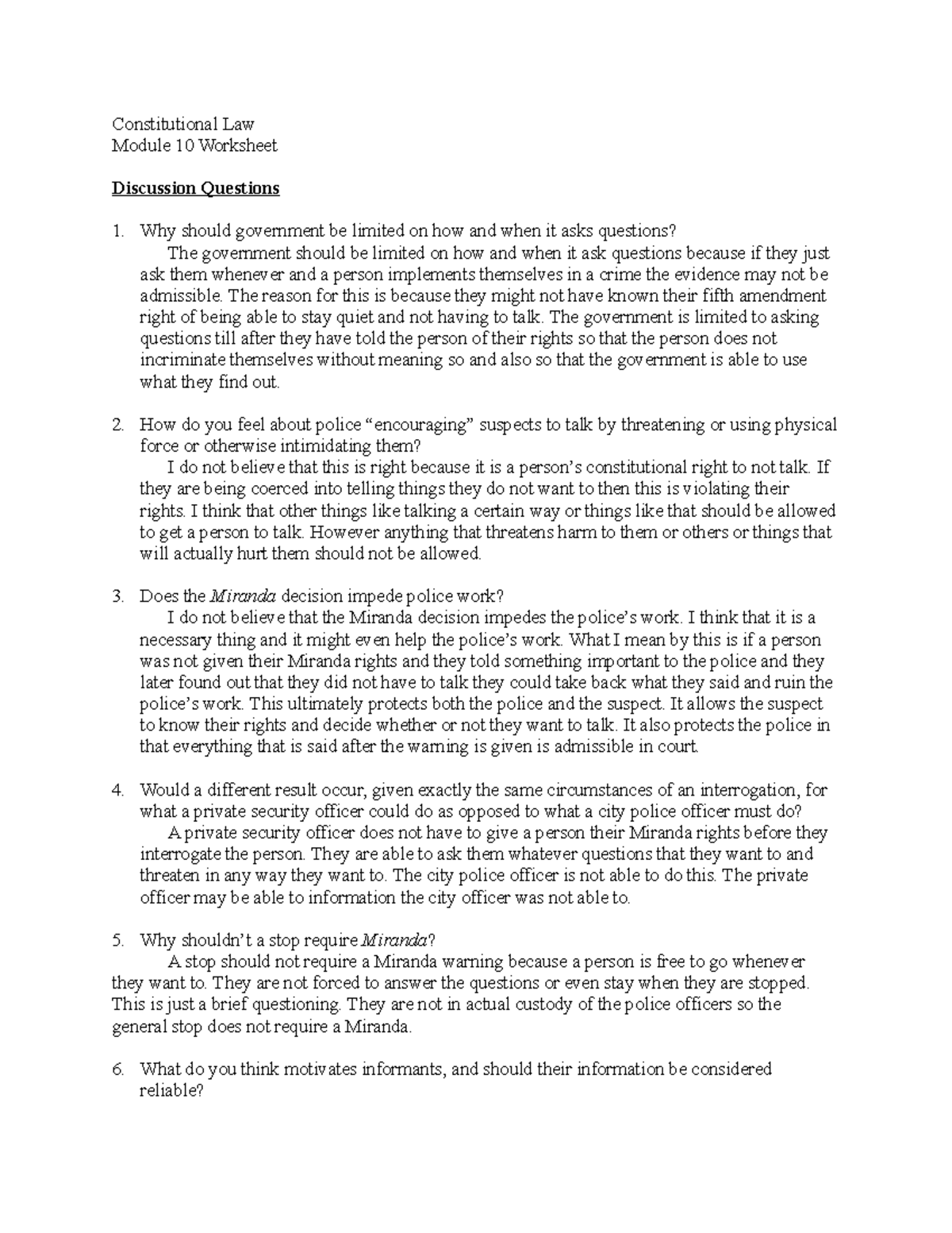 Constitutional Law Module 10 Worksheet: Examining Miranda Rights - Studocu