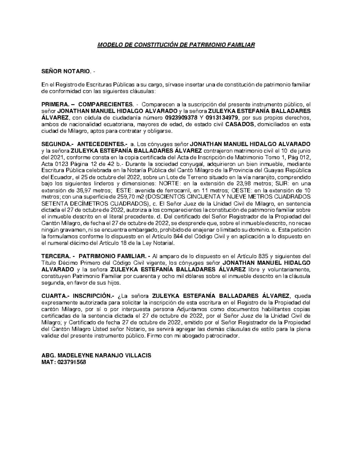 Modelo de Constitución de Patrimonio Familiar en Ecuador: Ejemplo Legal ...