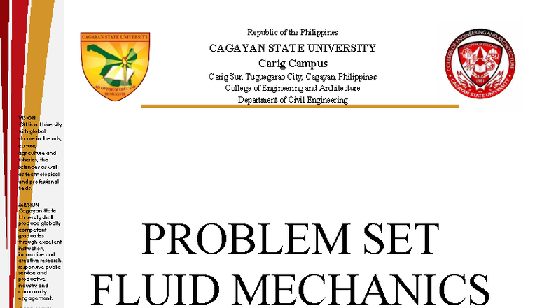 Fluid Mechanics Problem Set For Bsce 1st Sem A Y 2023 2024 Studocu
