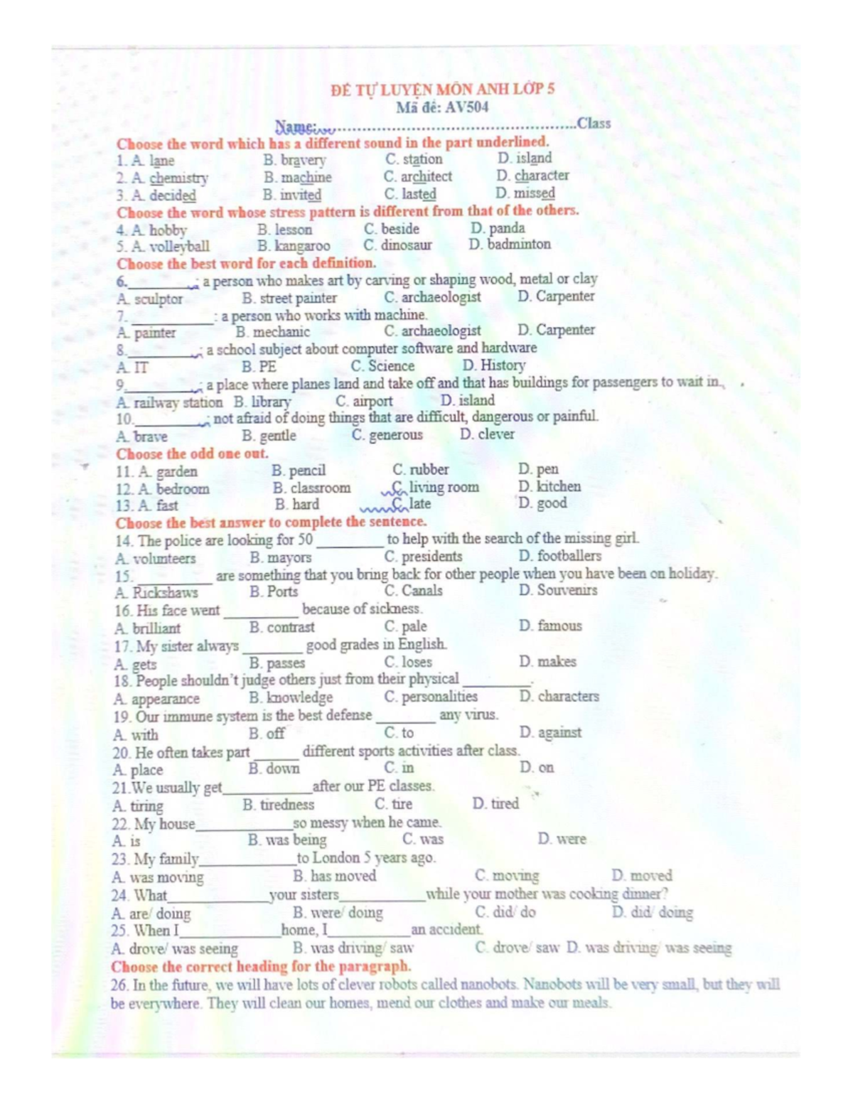 PE TU LUYEN MON ANH LOP 5: Sound Differentiation Exercises - Studocu