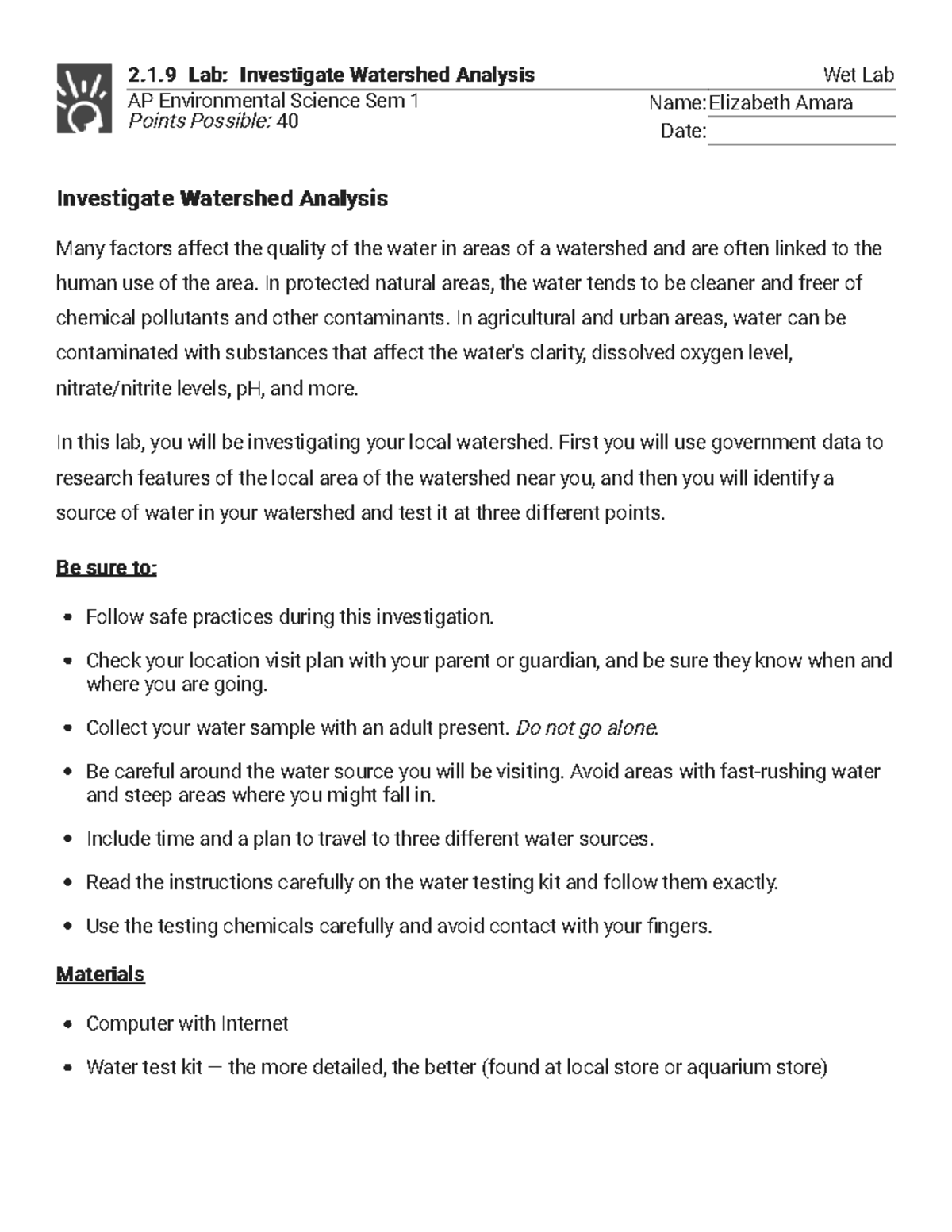AP Environmental Science Sem 1: Lab on Watershed Analysis - Studocu
