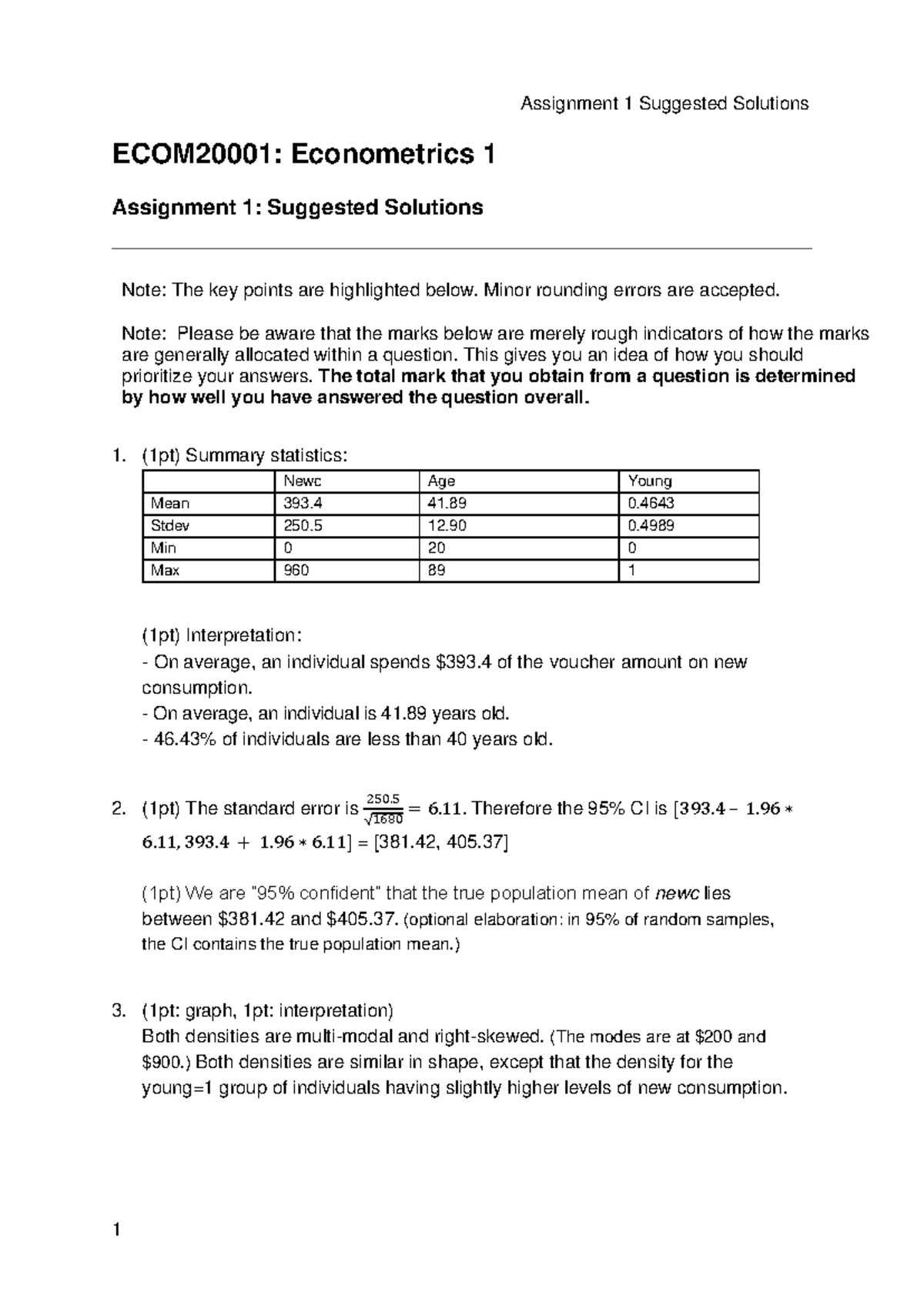 Assignment 1 solution sem2 2021 - Assignment 1 Suggested Solutions 1 ECOM20001: Econometrics 1 ...