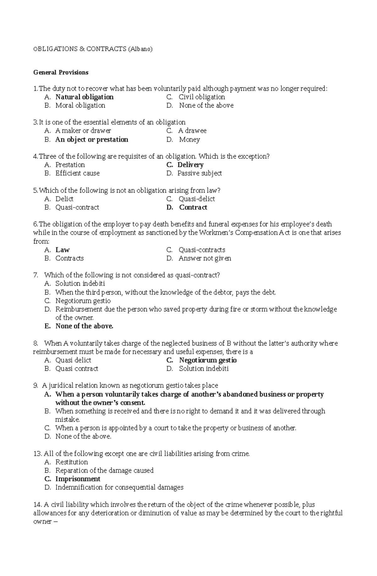 Test Bank for LAW 1: Obligations & Contracts (Albano) - Studocu
