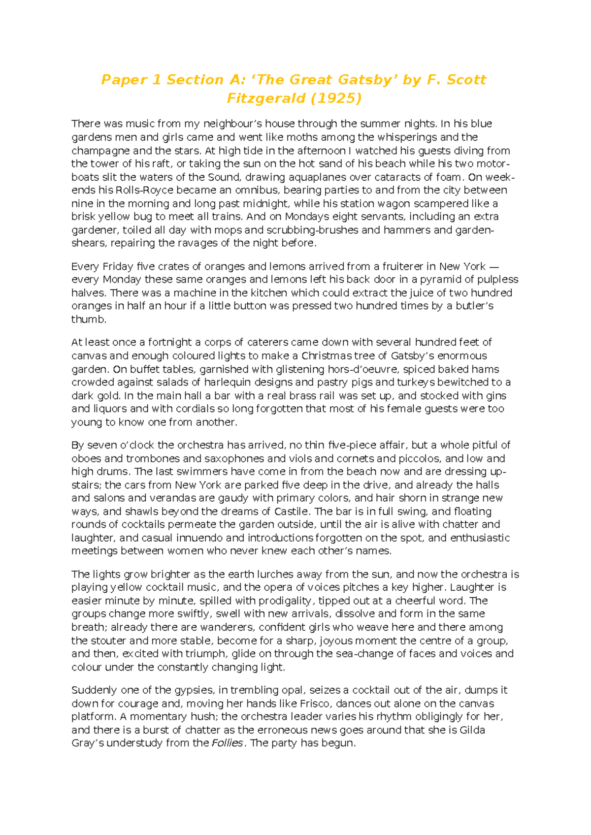 Paper 1 Section A: The Great Gatsby Analysis and Insights - Studocu