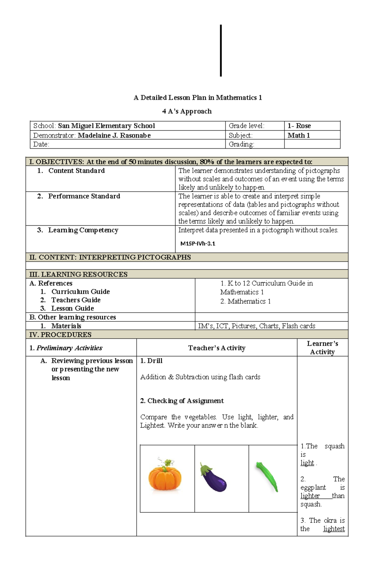 Interpreting Pictograph 1 COT - A Detailed Lesson Plan in Mathematics 1 4 A’s Approach School ...