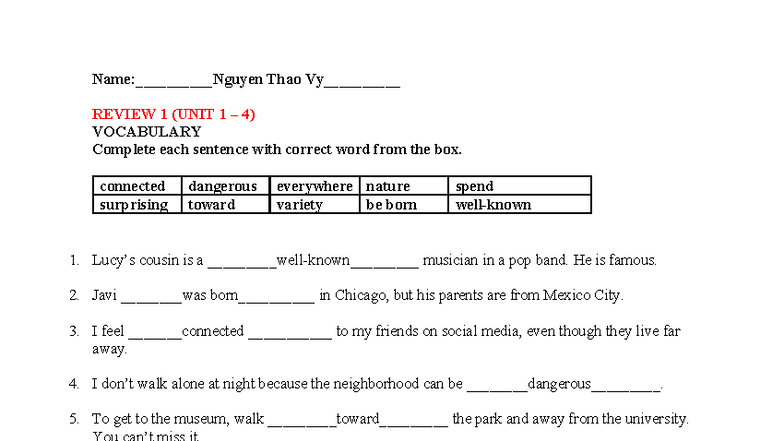 Thao REVIEW 1 (UNIT 1-4) VOCABULARY & GRAMMAR Exercises - Studocu