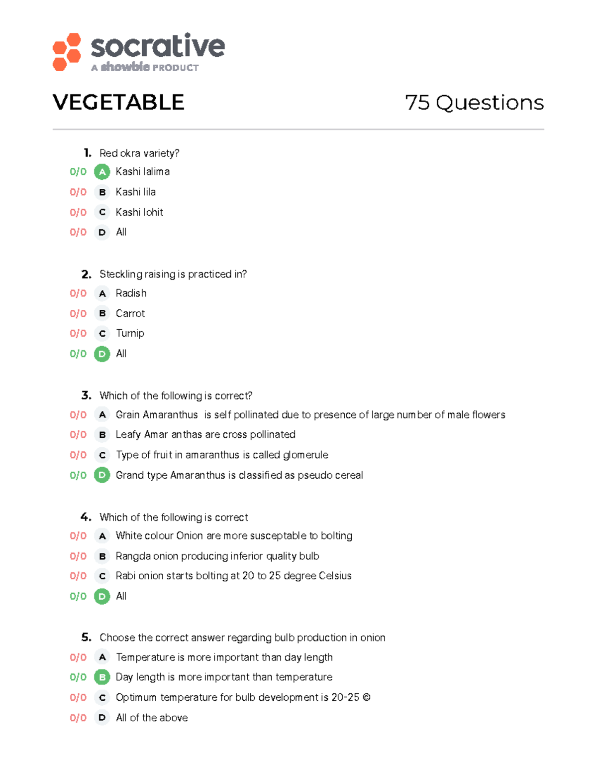 Question 2024 05 16 12 12 QZ Vegetable - VEGETABLE 75 Questions 1. Red ...