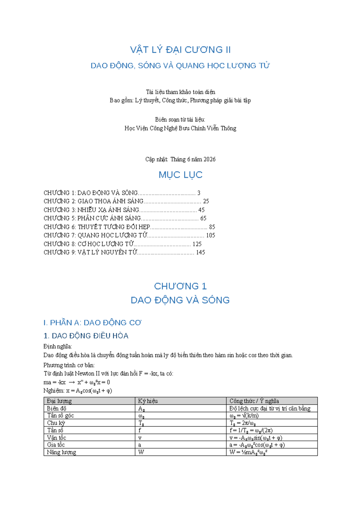 VẬT LÝ ĐẠI CƯƠNG II: DAO ĐỘNG, SÓNG VÀ QUANG HỌC LƯỢNG TỬ Tài Liệu Tham ...