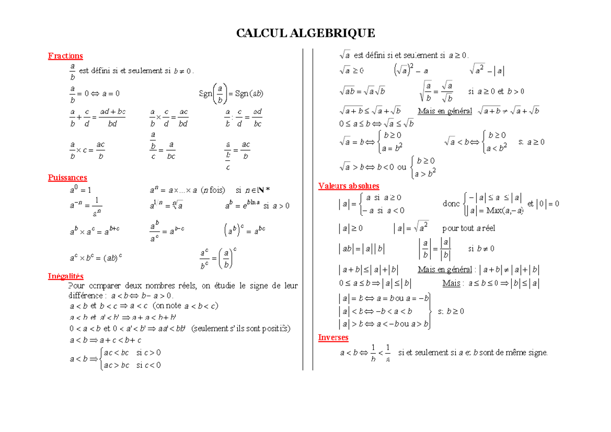 Calcul Algébrique 2 - Cours sur les Fractions et Inégalités - Studocu