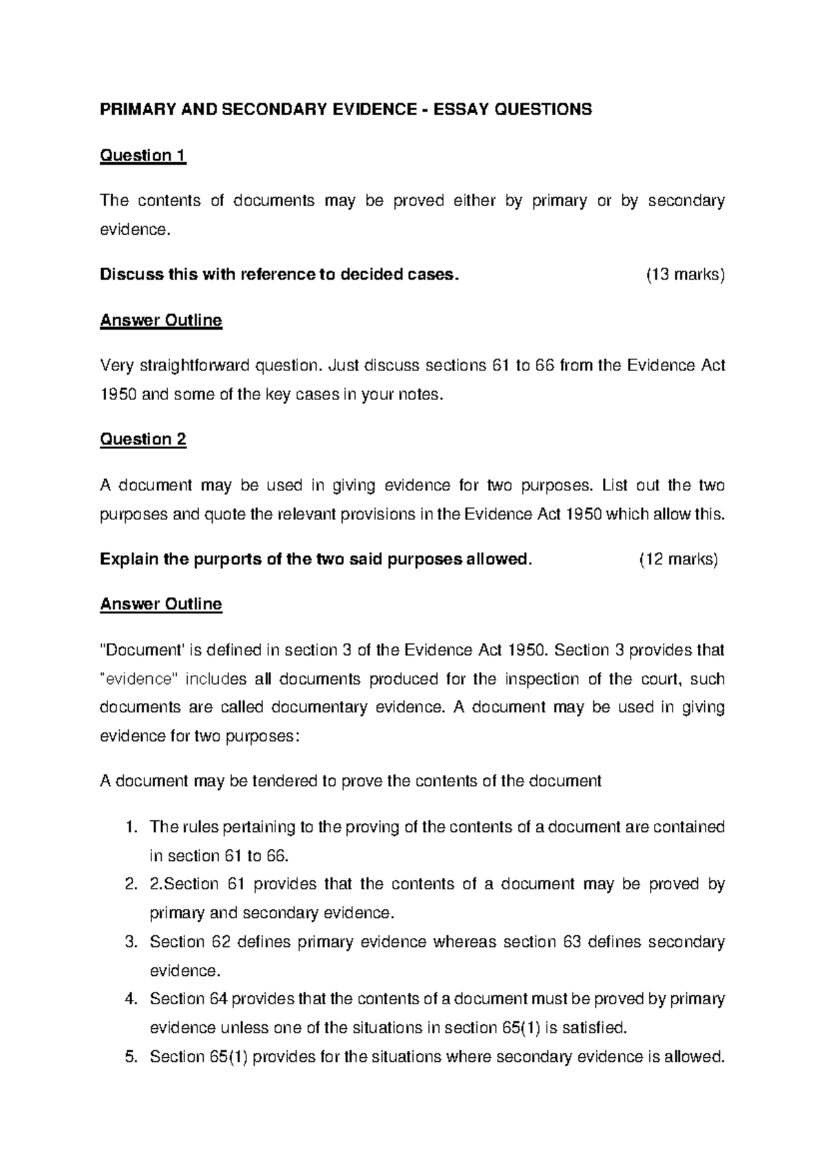 Primary and Secondary Evidence: Comprehensive Essay Notes - Studocu