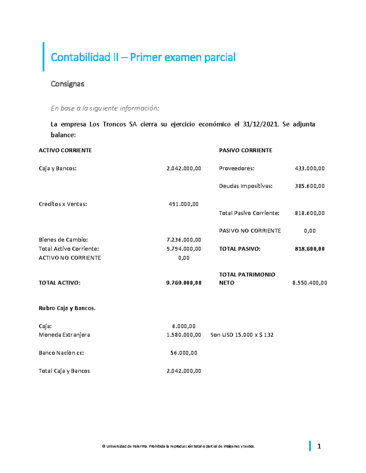 Contabilidad II - Primer examen parcial - Consignas - Contabilidad II – Primer examen parcial ...