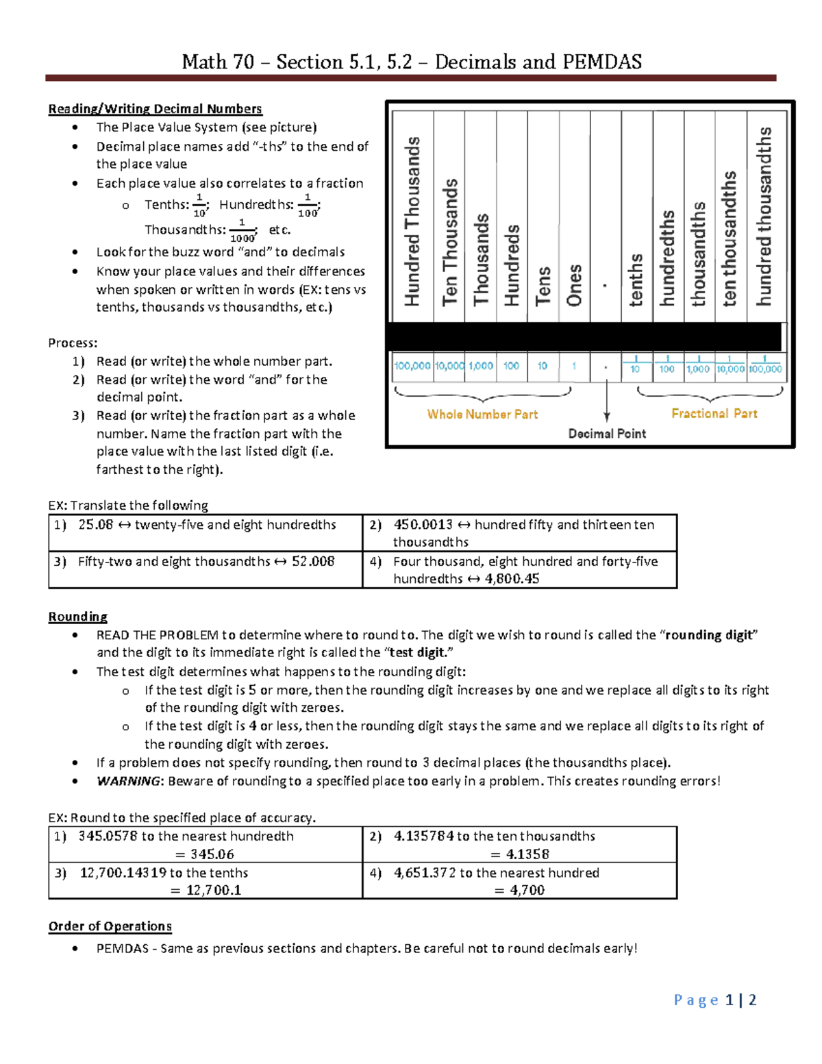Math 70: Section 5.1-5.2 Decimals & PEMDAS Overview - Studocu