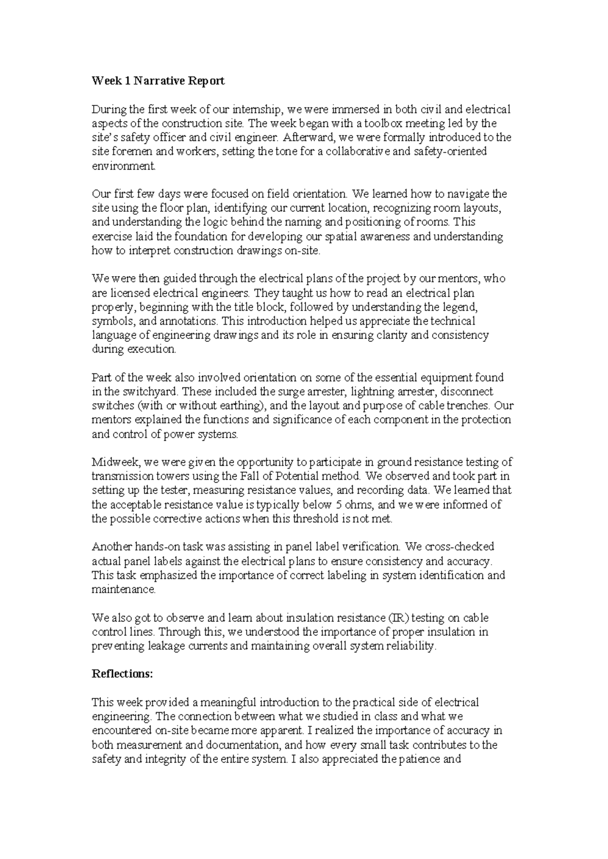 EE 101: Week 1 Internship Narrative Report on Electrical Engineering - Studocu
