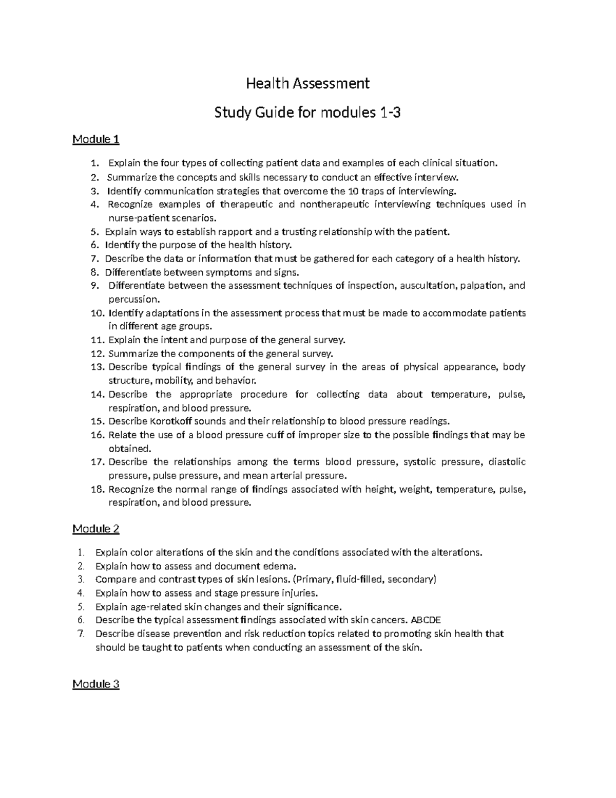 Study guide mod1-3 HA - Health Assessment Study Guide for modules 1 ...