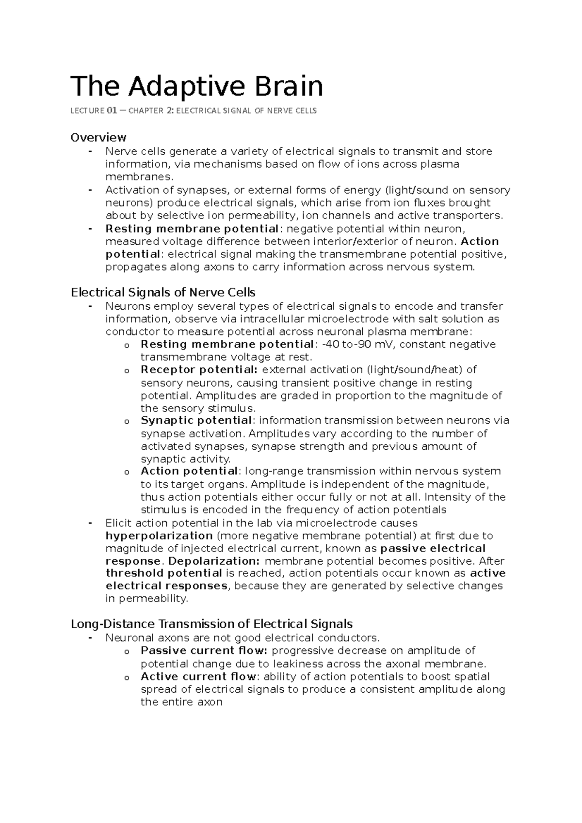Adaptive Brain - Chapter 2: Electrical Signals of Nerve Cells - Studeersnel